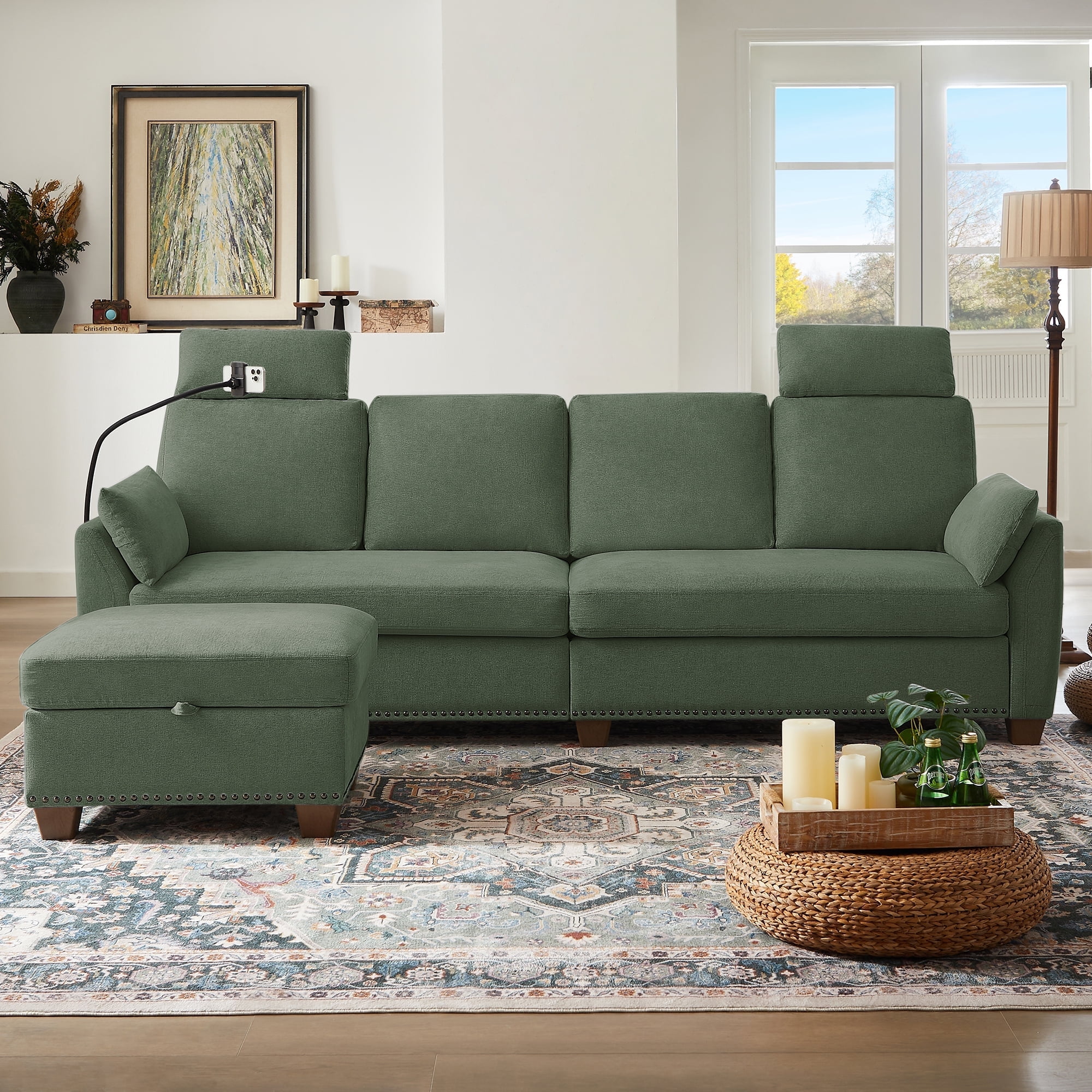 Soscana Convertible Sectional Sofa Couch with Storage Ottoman, Modern ...