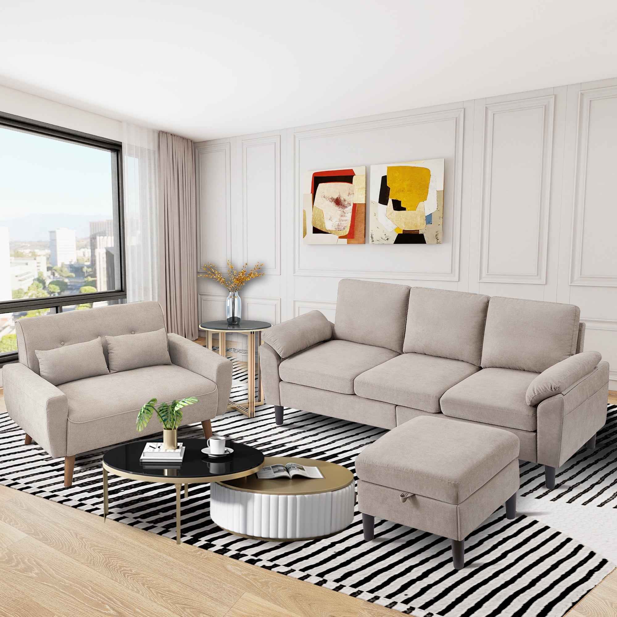Soscana Sectional Sofa with Storage Ottoman and Loveseat, 3 Seat L ...
