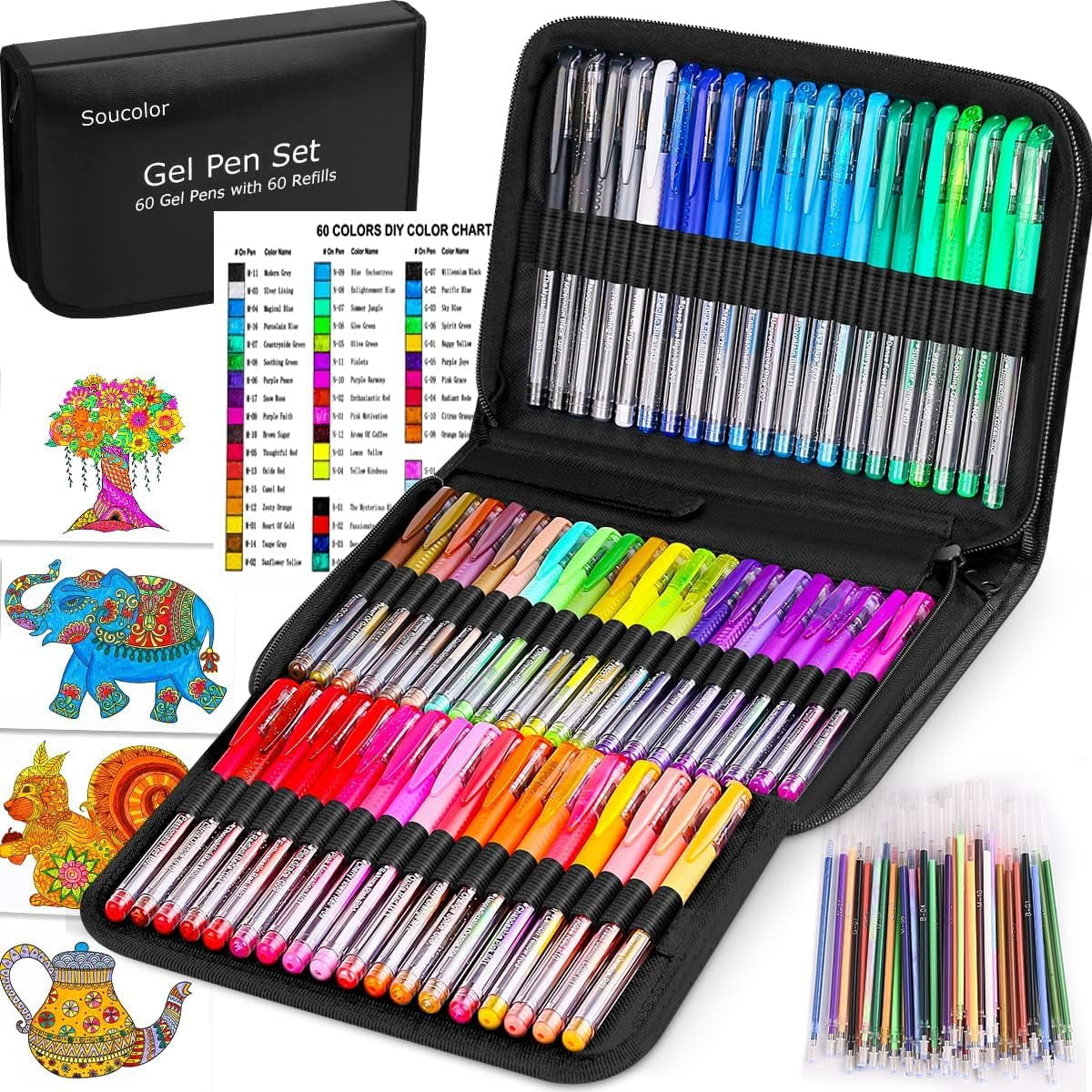 Soucolor Gel Pens for Adult Coloring Books, Deluxe Pack-60 Colored Gel ...