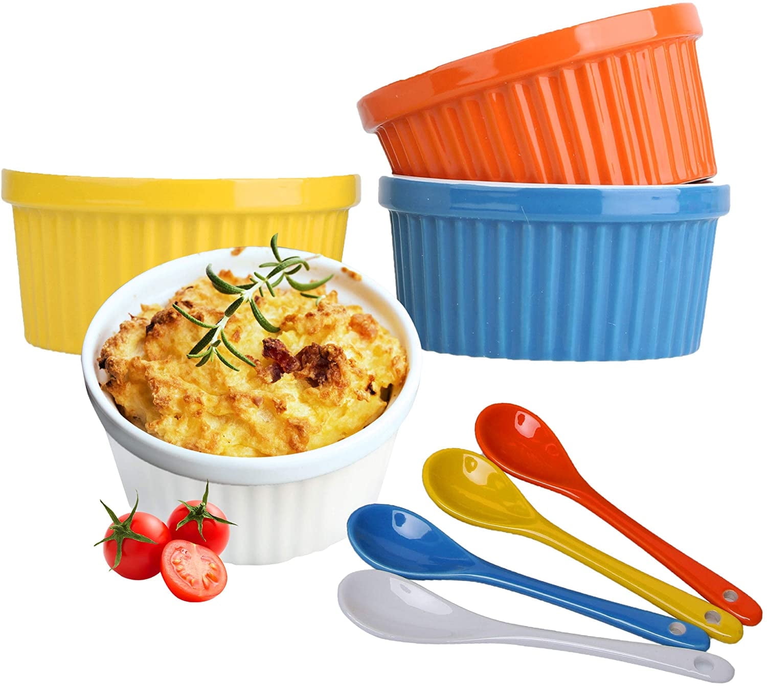 Multicolor Ceramic Souffle Ramekin Dishes (Set of 4), 12 Oz with Extra Spoons, Assorted Colors ...