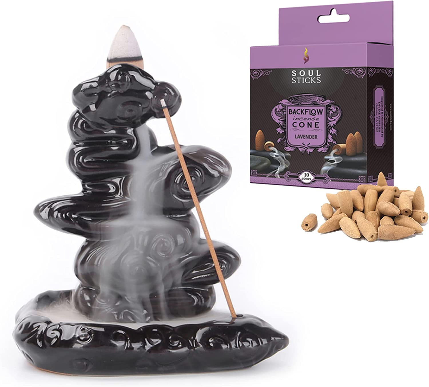 Soul Sticks Calm Clouds Backflow Cone Burner, Lavender Incense Cones ...