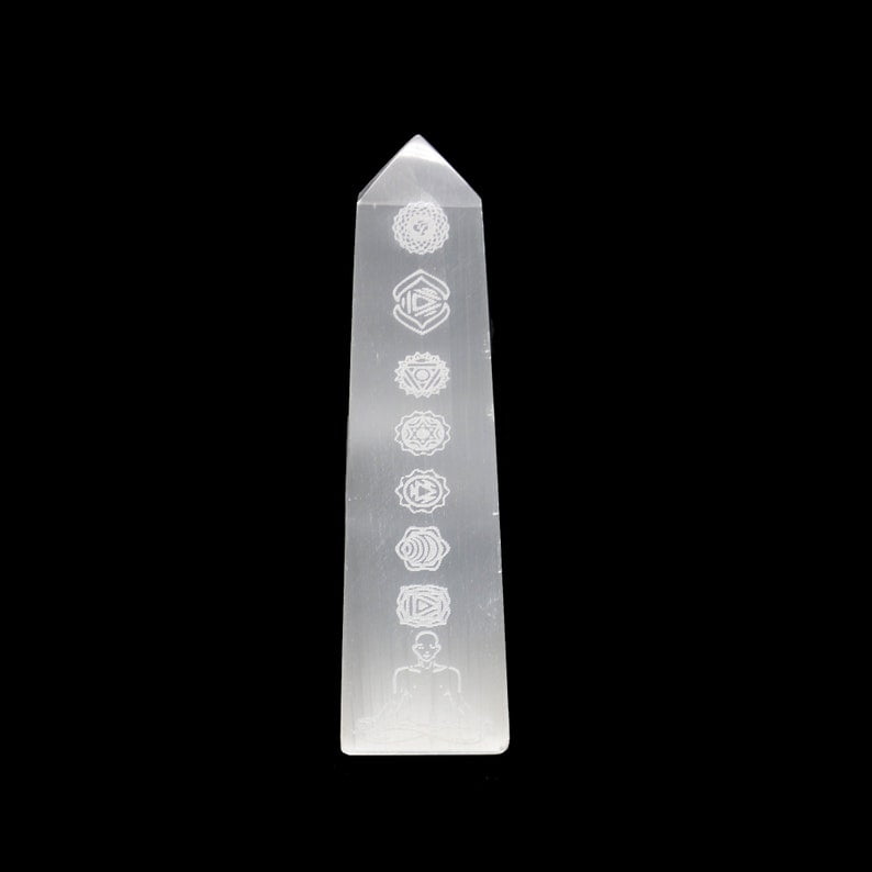 Soul Sticks Selenite 6 Inch 7 Chakras Engraved Oblisque Pyramid Crystal ...