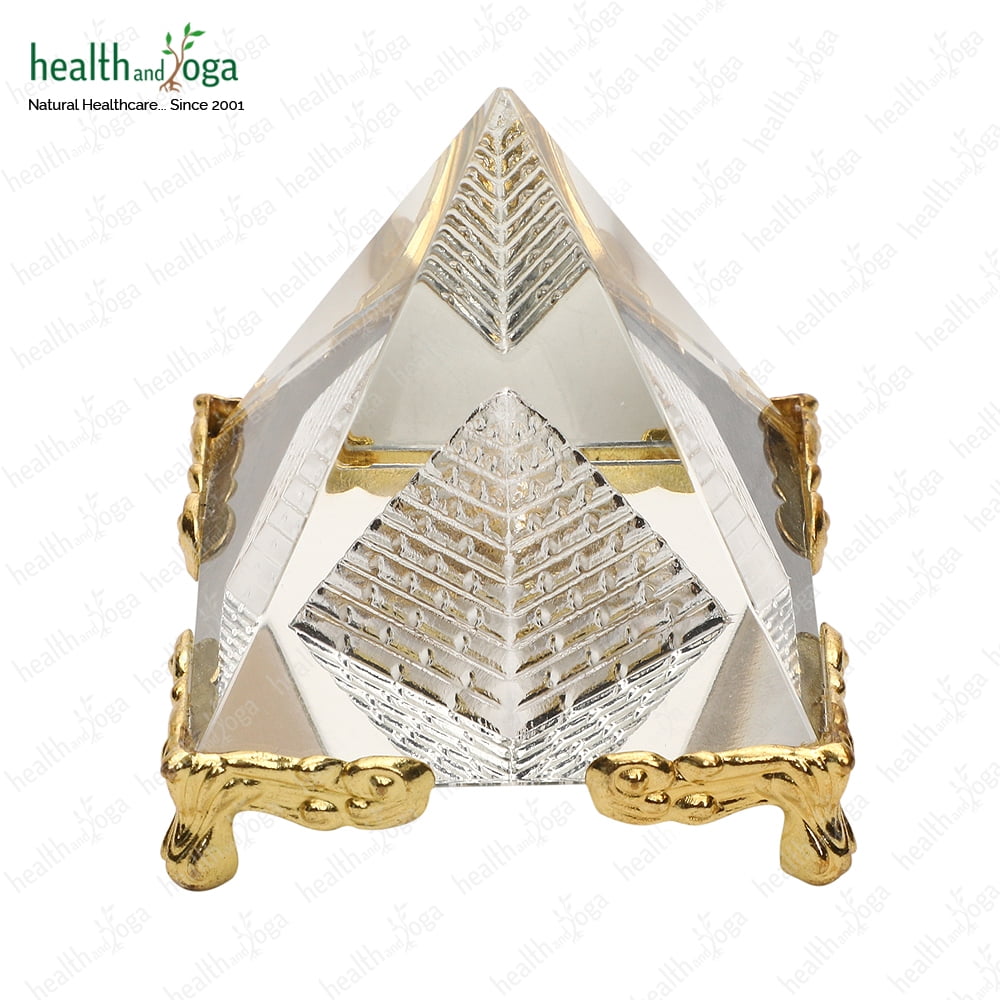 SoulGenie Crystal Pyramid with Gold Plated Metal Stand Meditation Aid ...