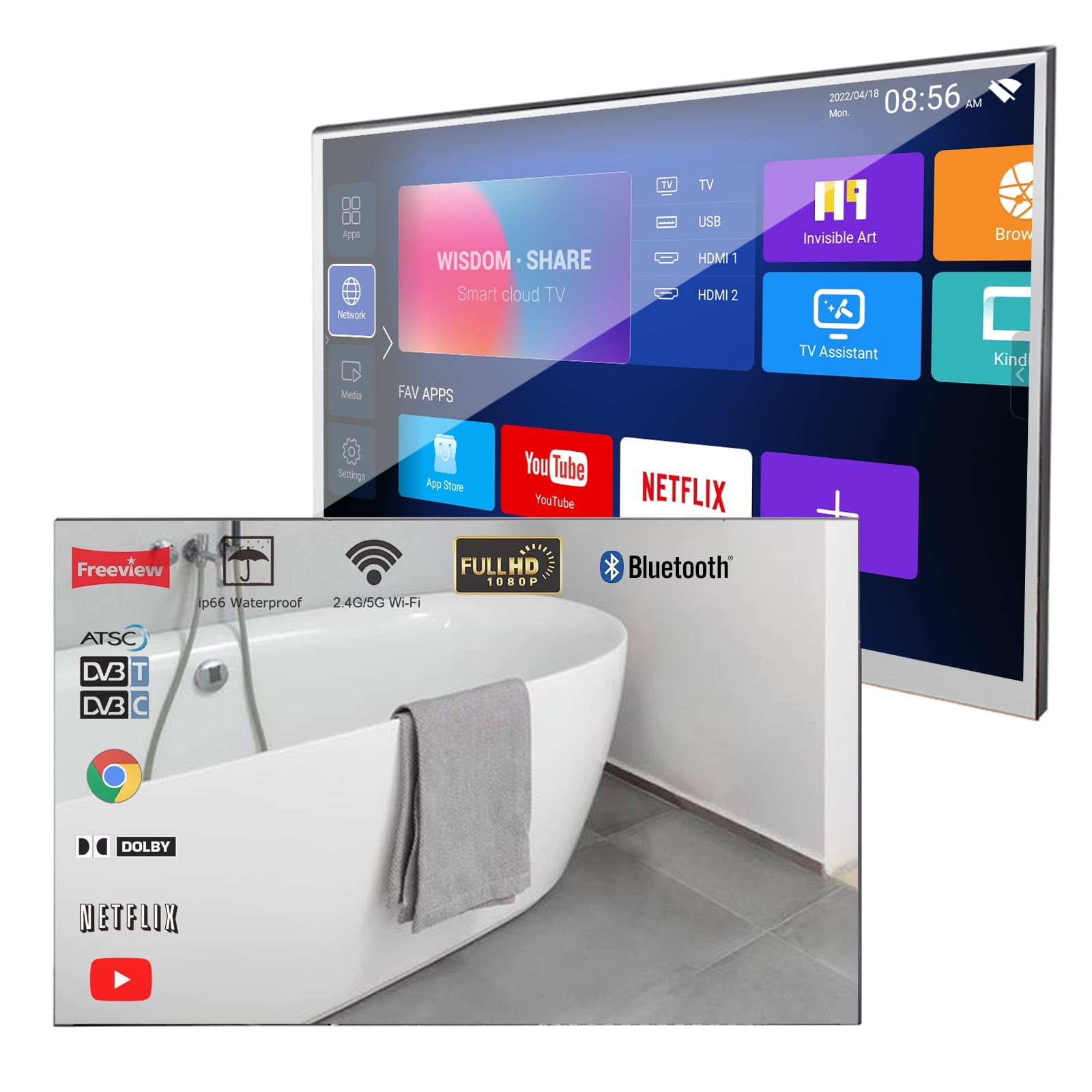 "Soulaca 22"" Magic Flat Screen Smart Mirror 1080P LED TV - Waterproof ...