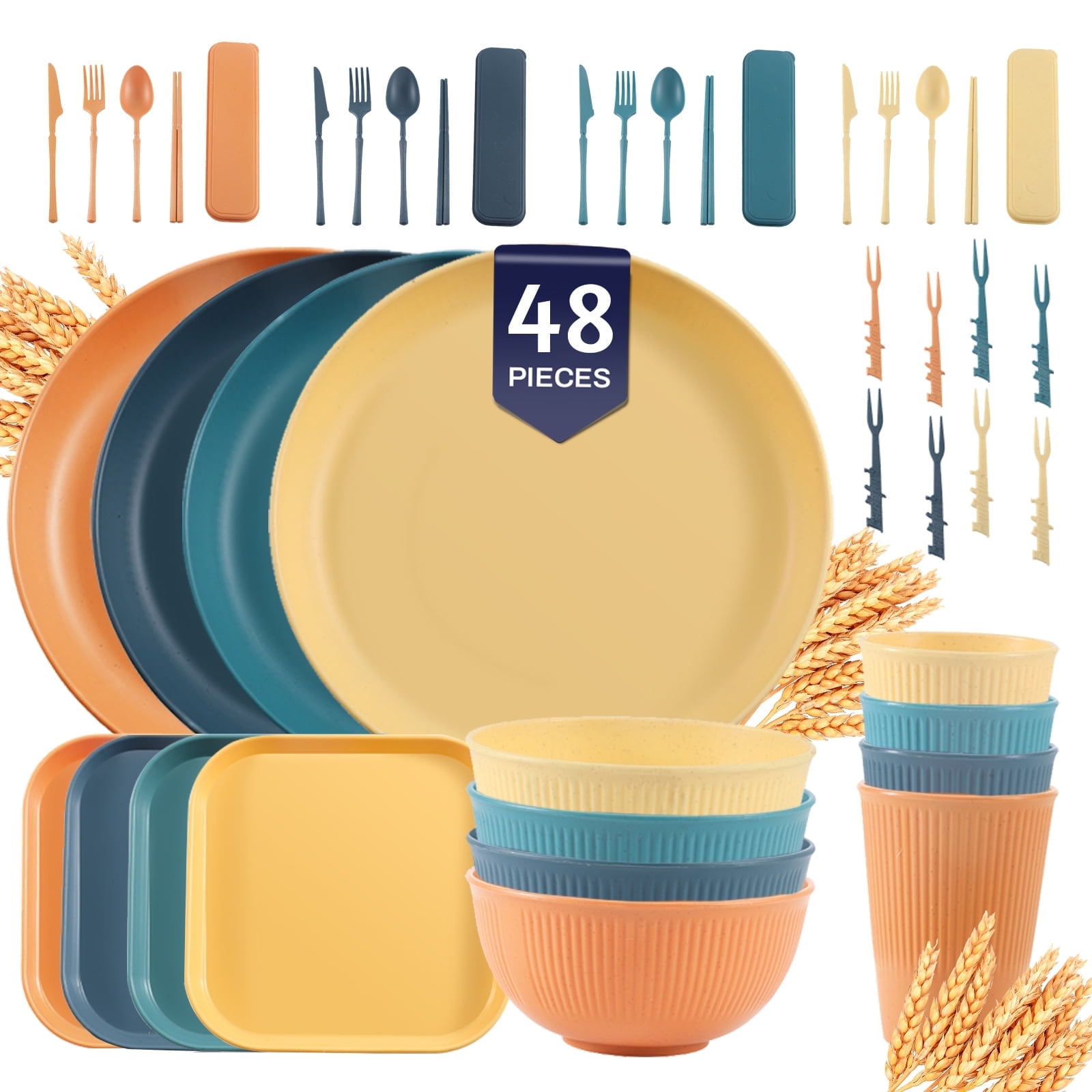 Soulgenix Wheat Straw Dinnerware Sets, 48 Pcs Unbreakable Dinnerware ...