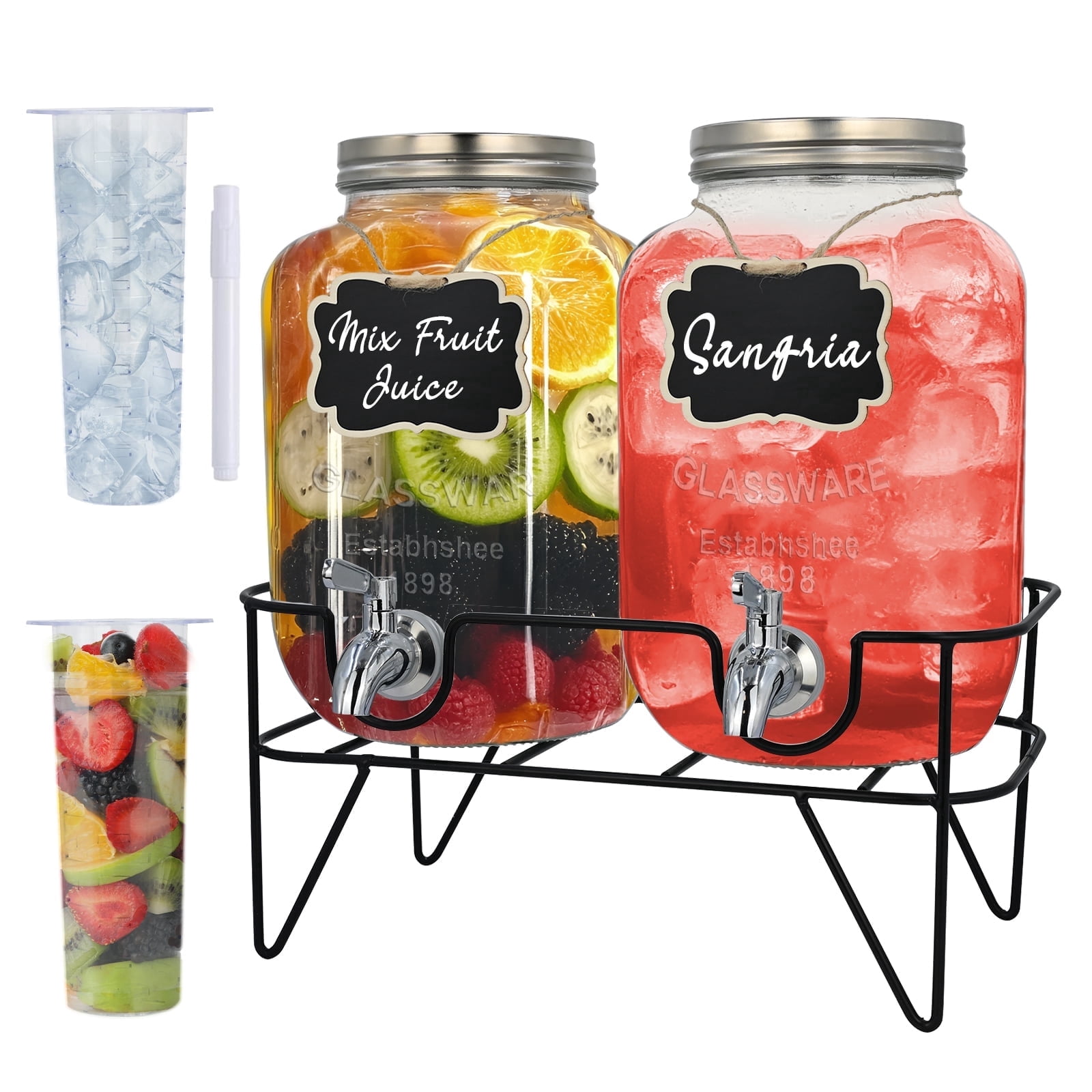 Soulgenix 2 Gallon Glass Drink Dispenser Set, Mason Jar Beverage ...