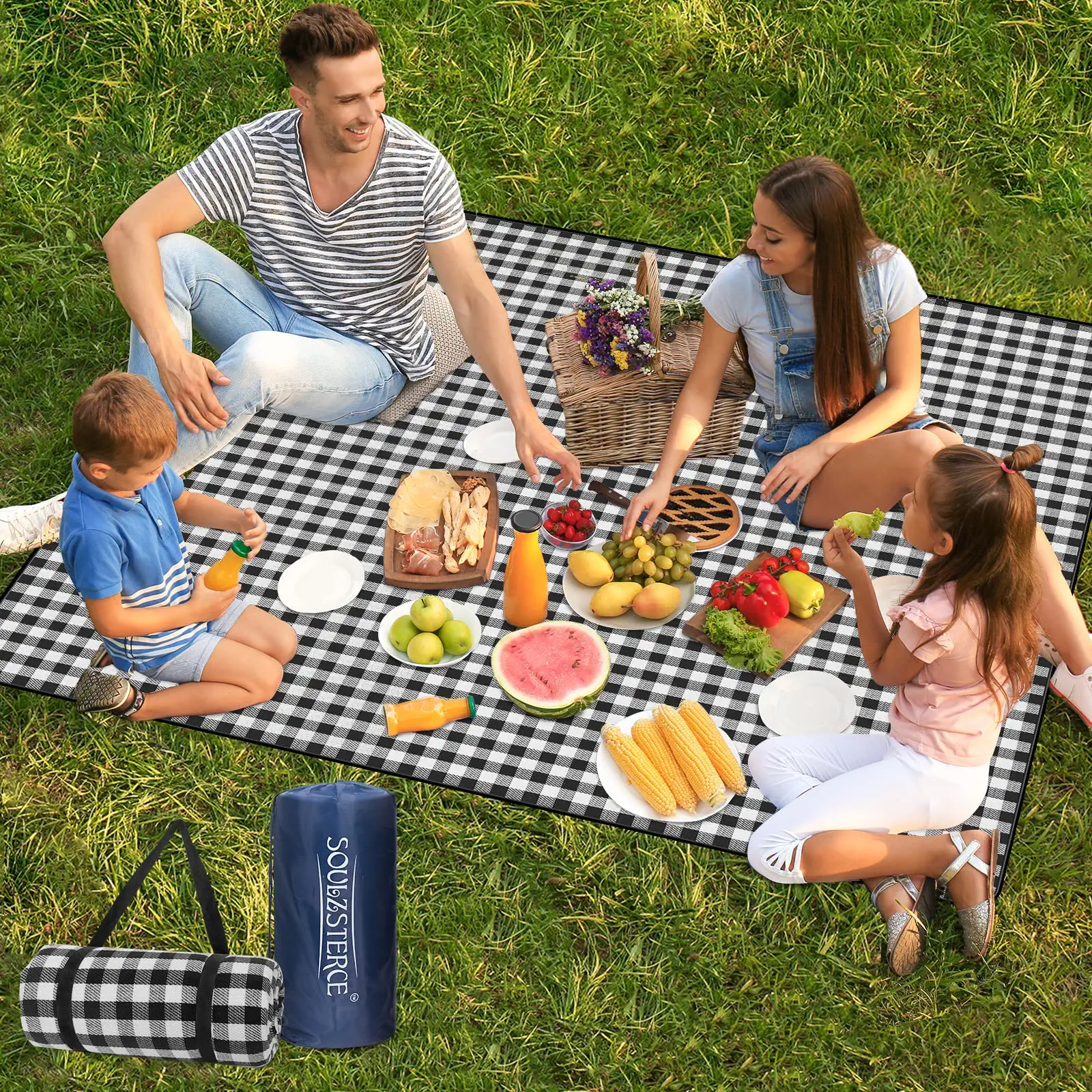 Soulzsterce 79”x 79” Black Checkered Picnic Blanket with a Carry Bag ...