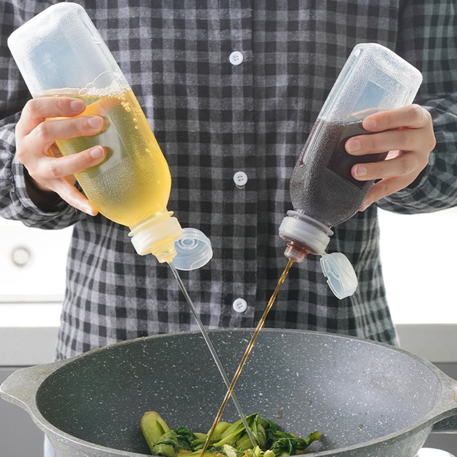 Soumake 300/500ML Squeeze Oil Bottle with Scale Clear Visible Top Lid ...