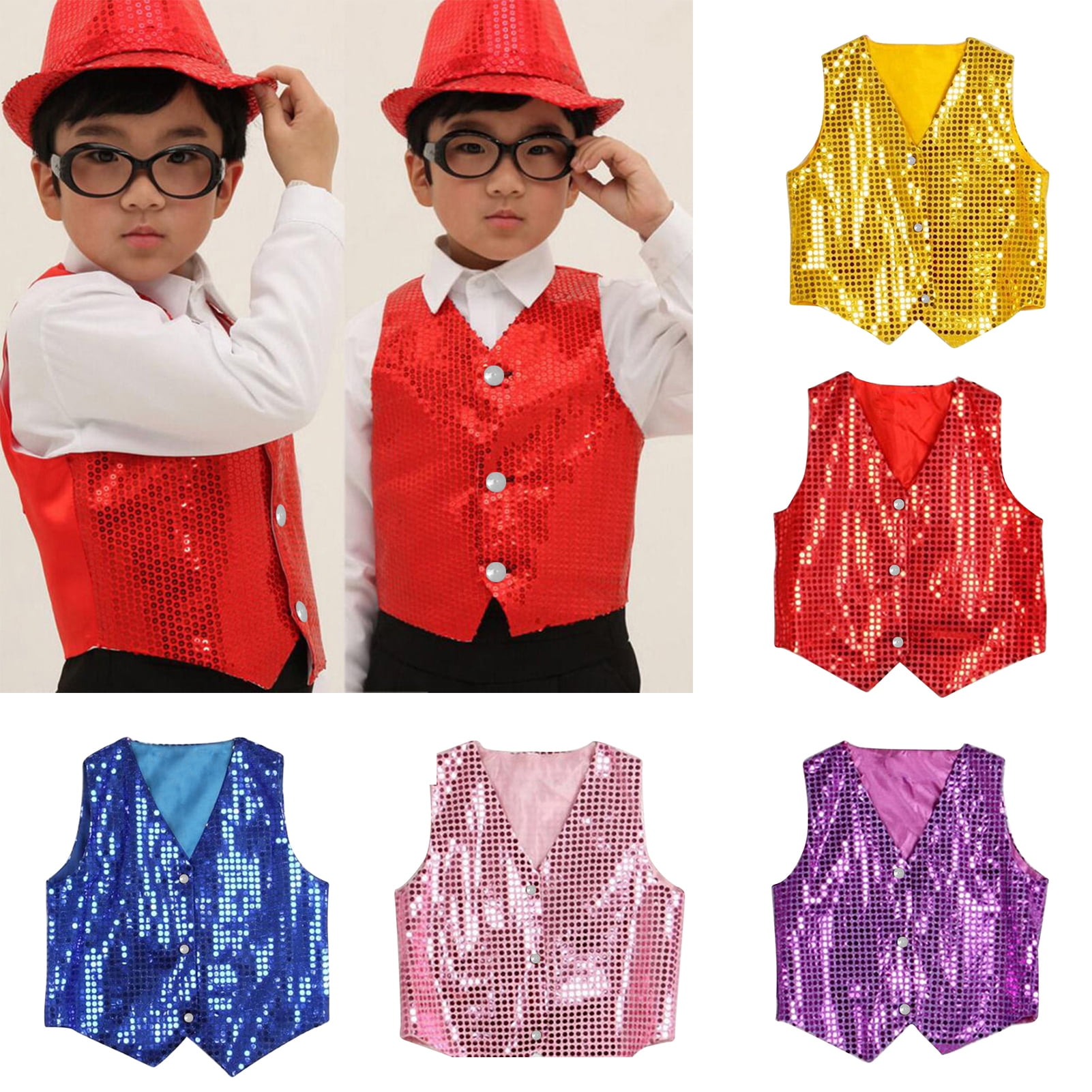 Soumake Boys Girls Sequined Vest Waistcoat Hip-Hop Dance Party Street ...
