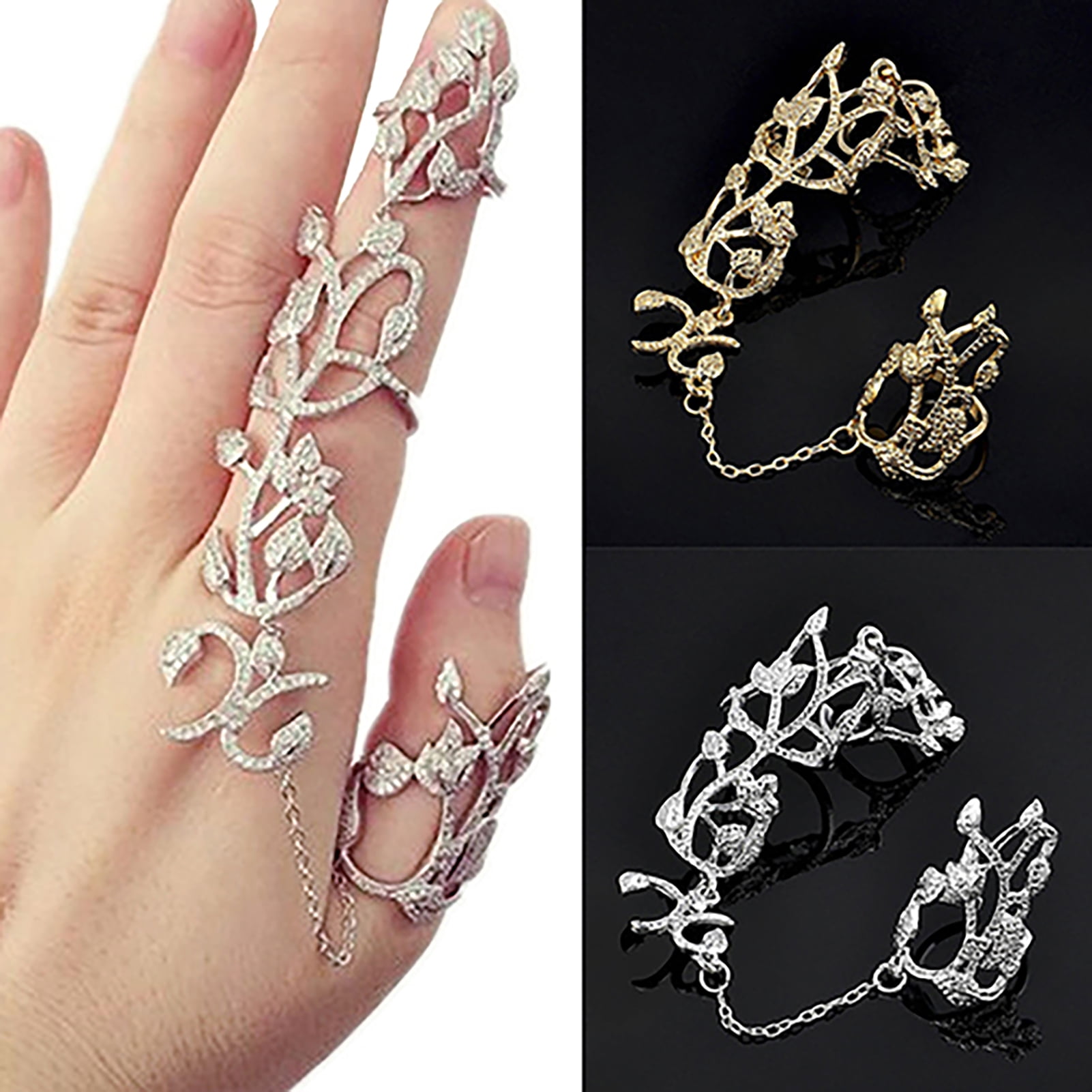 Soumake Chain Ring Flower Pattern Finger Jewelry Adjustable Women Chain ...