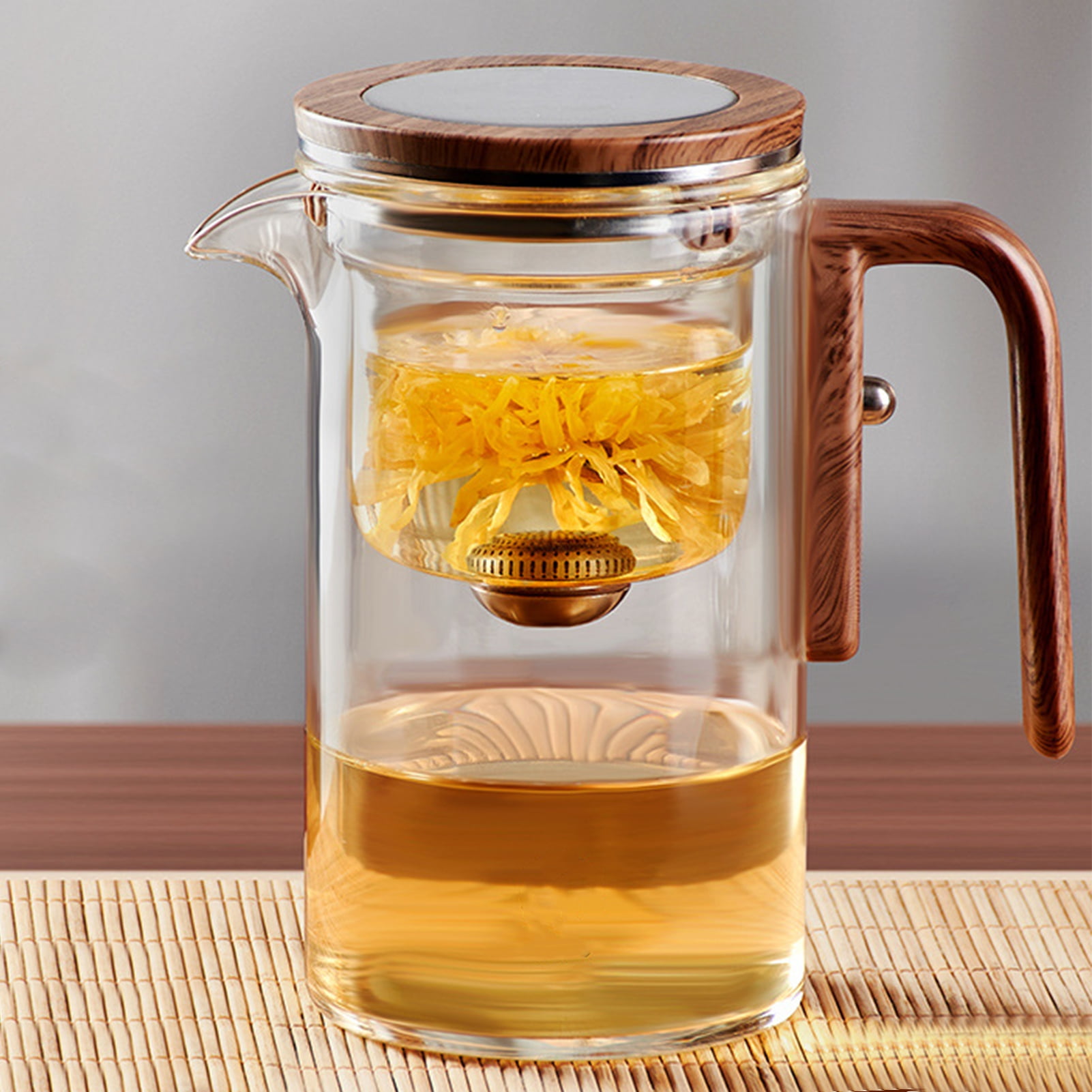 Soumake Glass Teapot Water Separation Wooden Handle Glass Teapot with ...