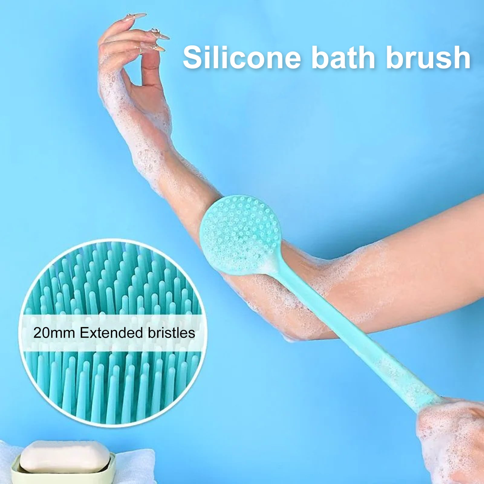 Soumake Lazy Shower Brush Long Handle Silicone Back Scrubber Double Sided Brush Head Exfoliating ...