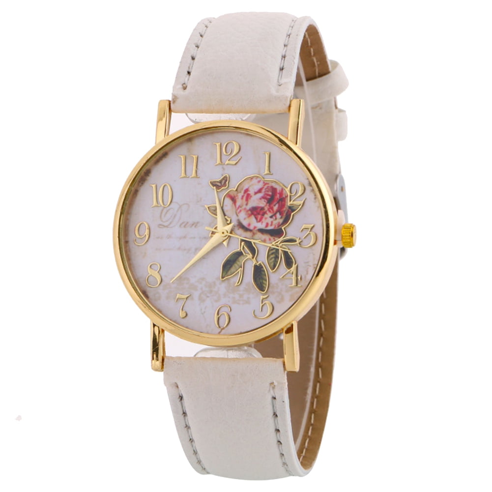 Soumake Women Arabic Number Rose Flower Round Dial Faux Leather Band ...