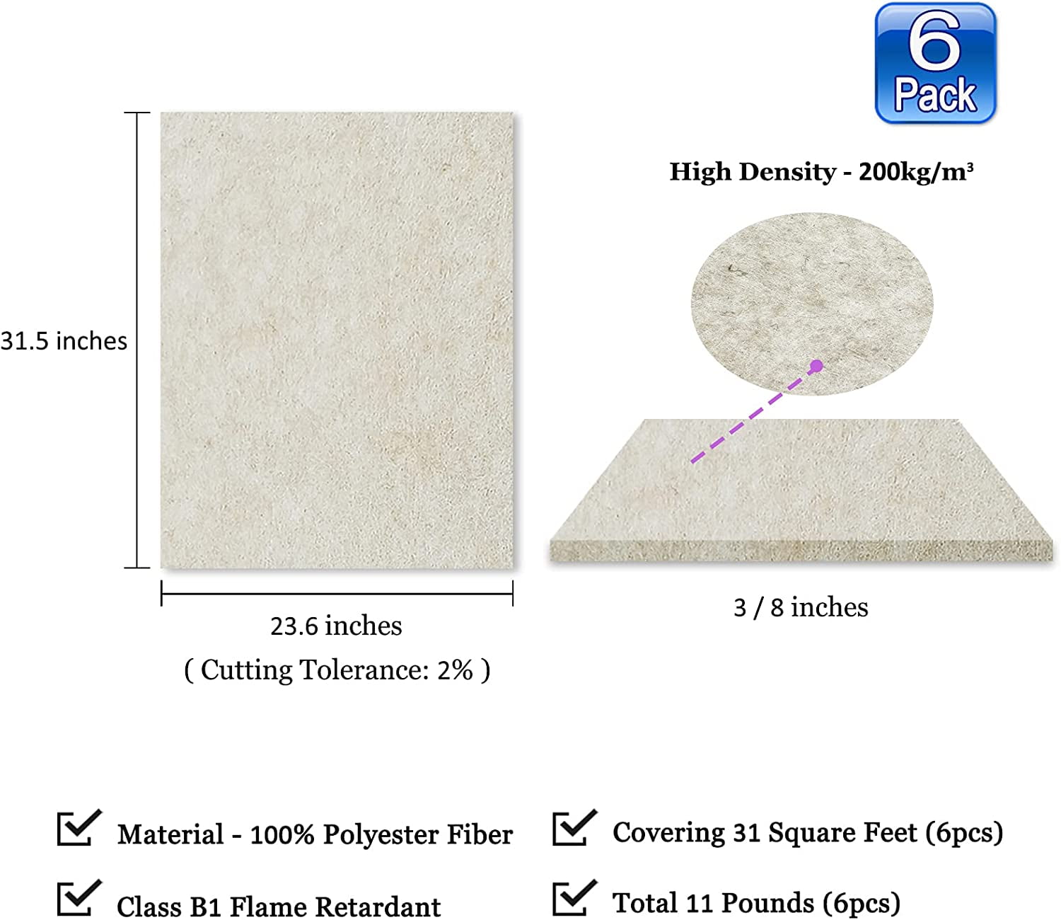 Sound Absorber - 31.5 X 23.6 X 3/8 Inches 6 Pack High Density Acoustic ...