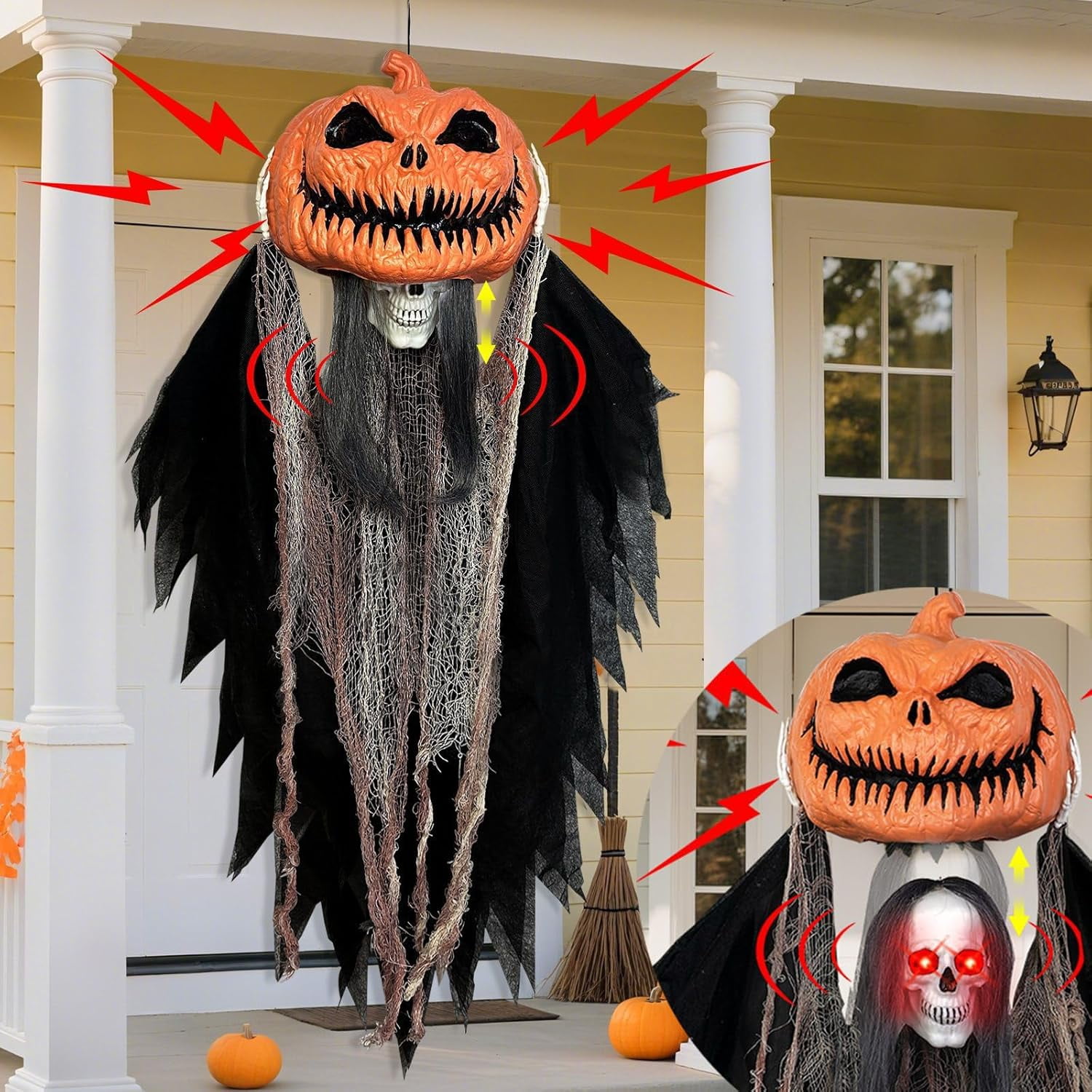 Sound Activated 43” Halloween Animatronics Hanging Ghost Holding ...