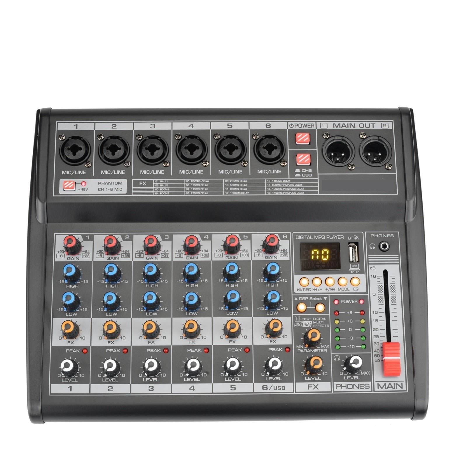 Sound Card Mixing Console 48V 16 Digital USB Record Function Mixer 6 ...