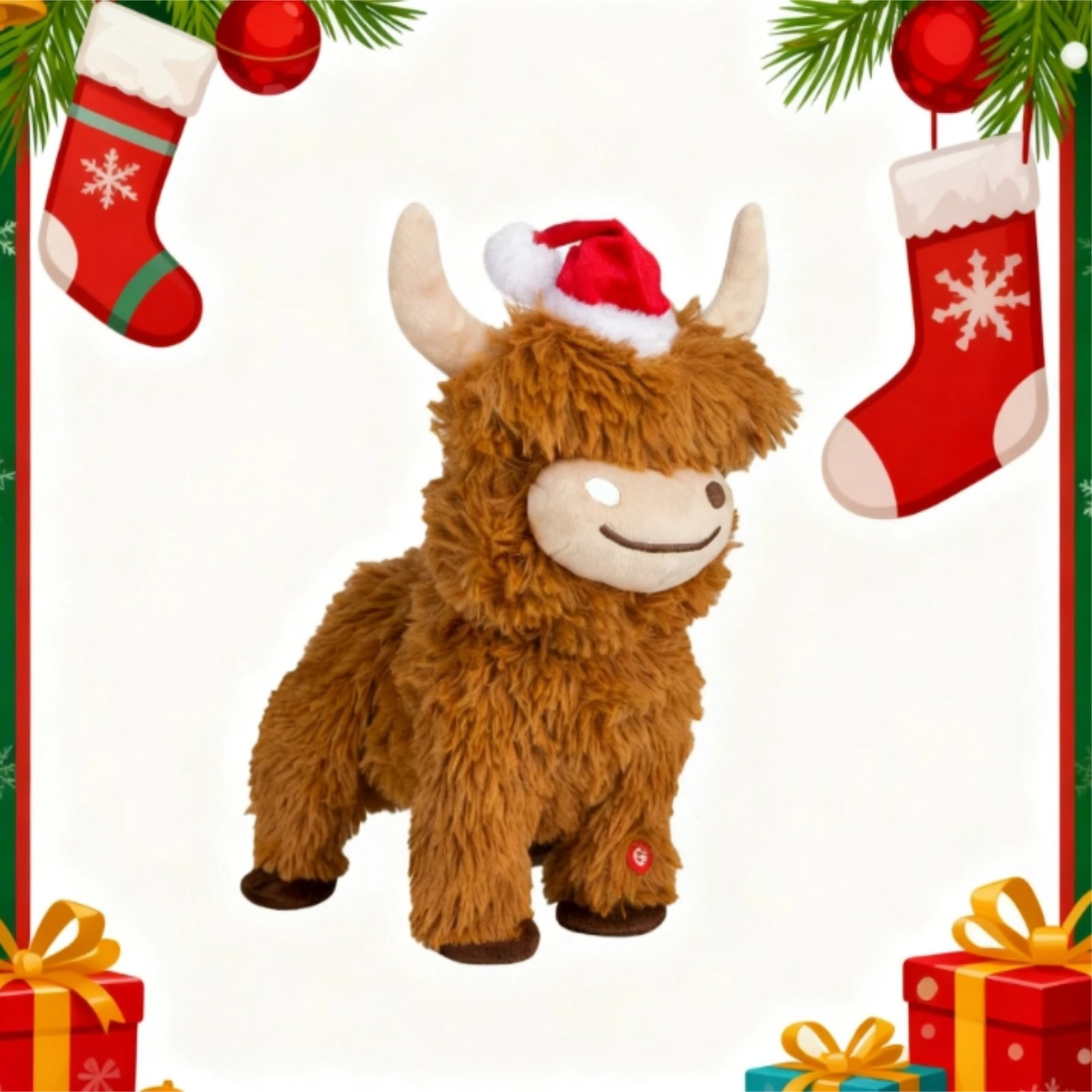 Sound-Enabled Highland Cow Christmas Plush 9.8 Inches, Santa Hat ...