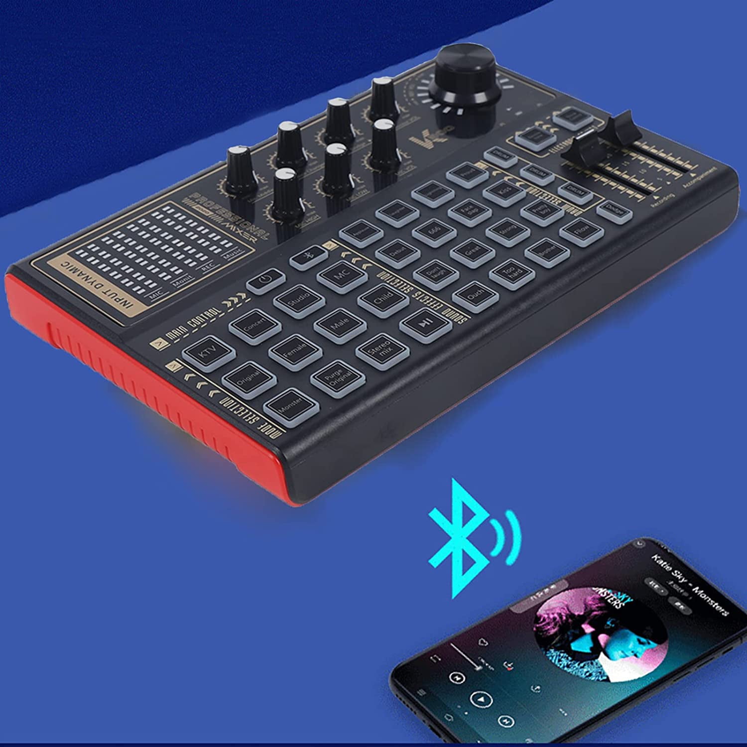 Sound Mixer Board Live Sound Card Voice Changer with 8 Knobs, 4 Reverb ...