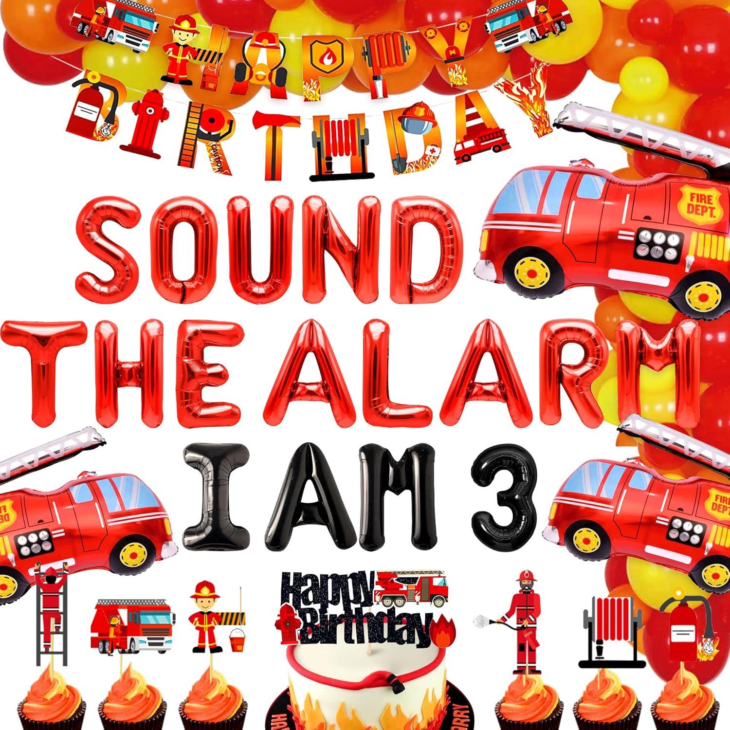 Sound The Alarm I am 3 Birthday Balloons Decoration Firetruck 3rd ...