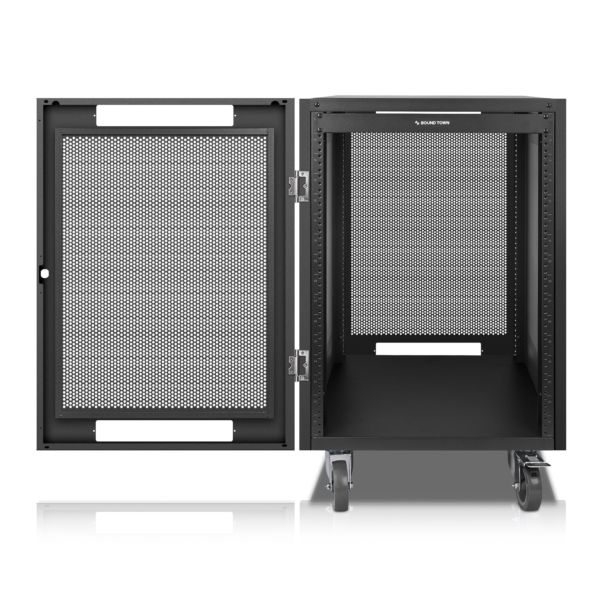 Sound Town 16U Universal Steel Rack, w/Mesh Doors, Locking Casters ...