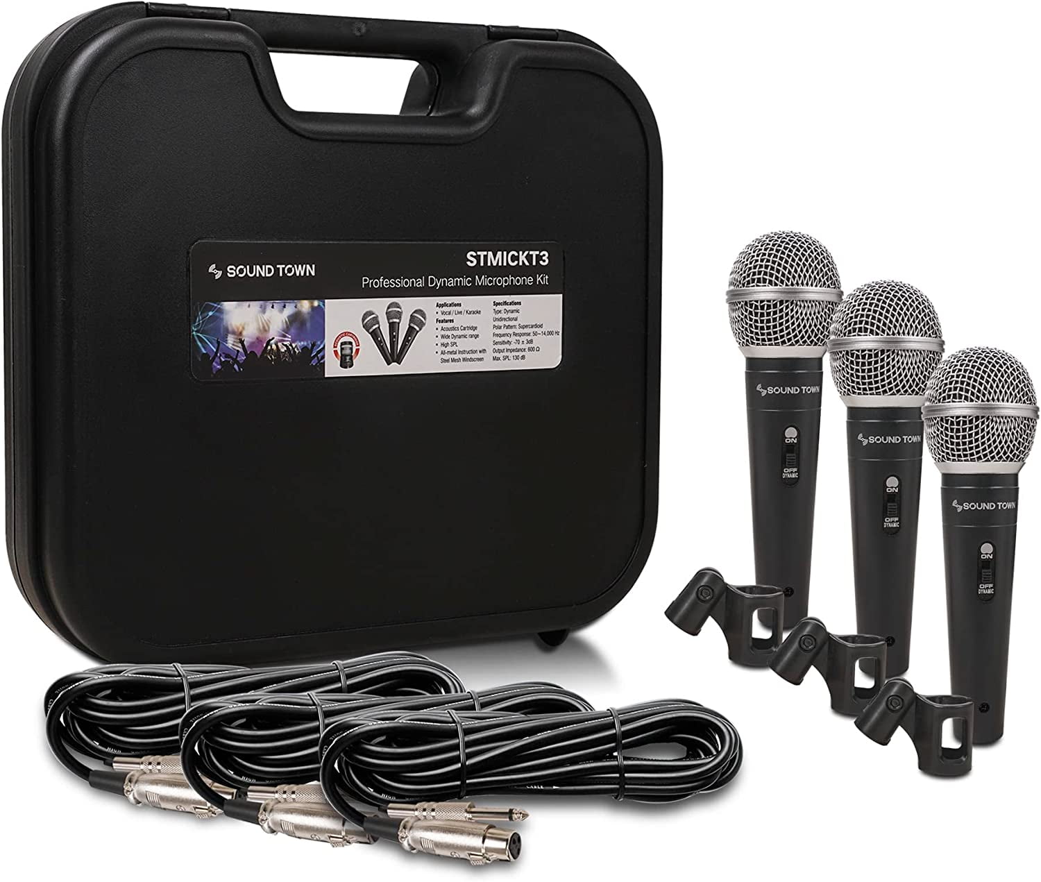 Sound Town Pro 3-Piece Handheld Dynamic Mic Kit with Case, Clips, 26ft ...