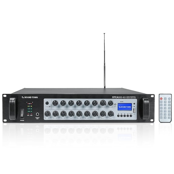 Sound Town 500W 70V/100V Stereo/Mono 6-Zone Commercial Power Amplifier ...