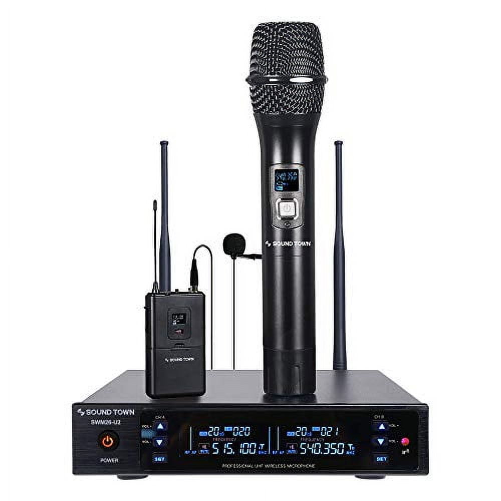 Sound Town Metal 200 Channels UHF Wireless Microphone System with 1 Handheld Mic, 1 Lavalier Mic ...