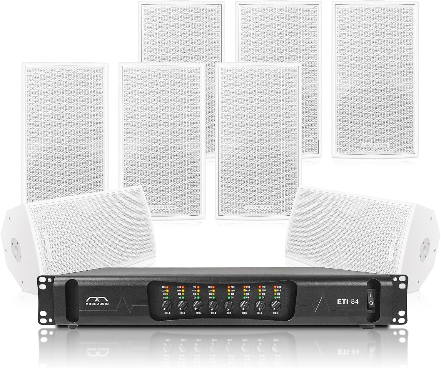 Sound Town Passive Installation Speaker System with Eight Installation Speakers, One 8-Ch Power ...