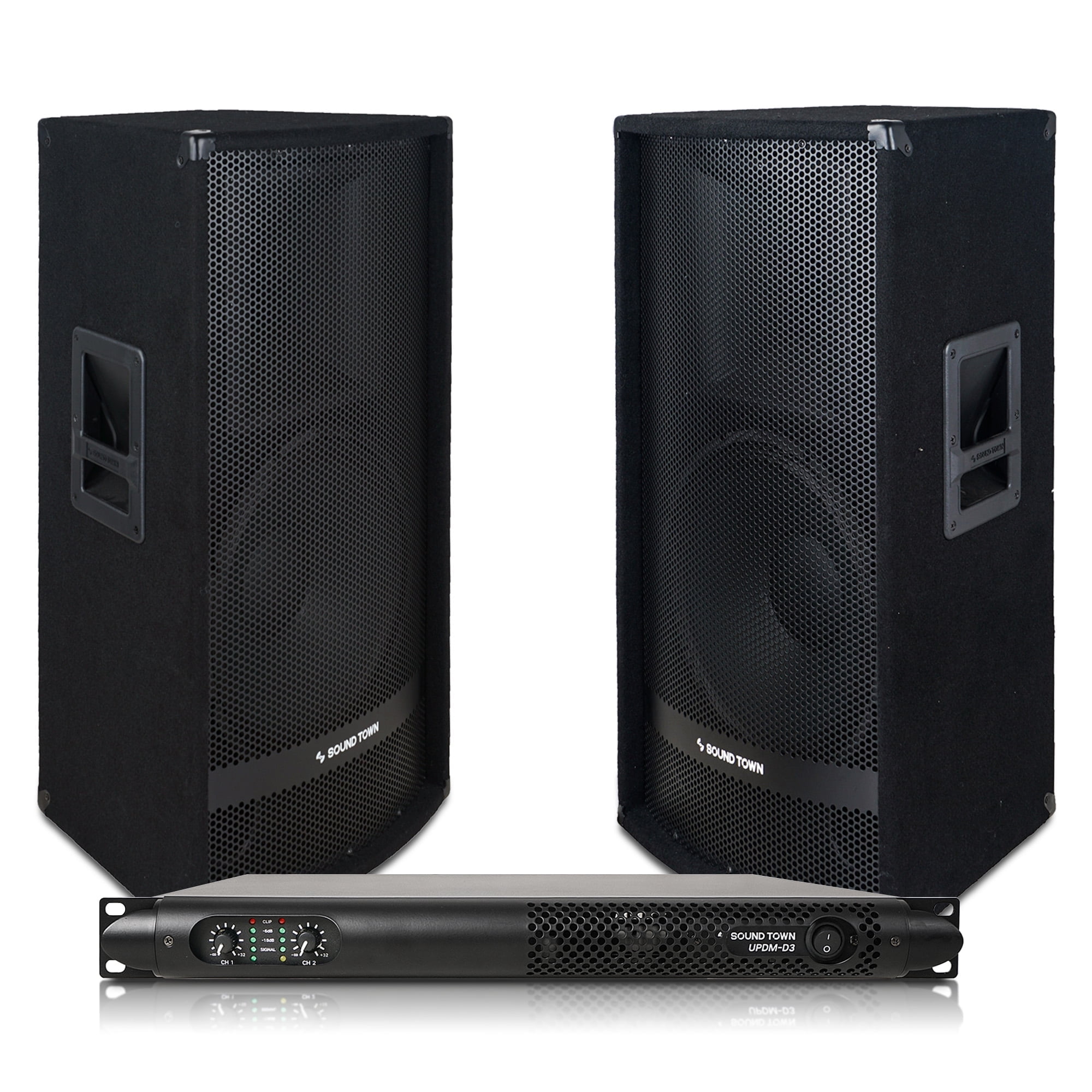 Sound Town Professional PA Speaker System with Two 15” Passive PA Speakers and One 2-Channel ...