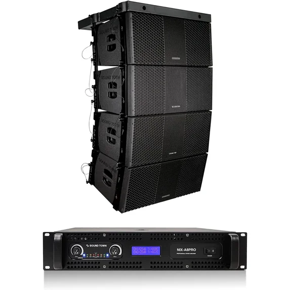 Sound Town ZETHUS Four Dual 10-inch Line Array Speaker and Professional Amplifier System Combo ...