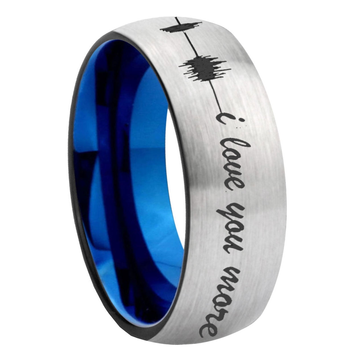 Sound Wave I love you more 8MM Dome Gray and Blue Tungsten Carbide Ring ...