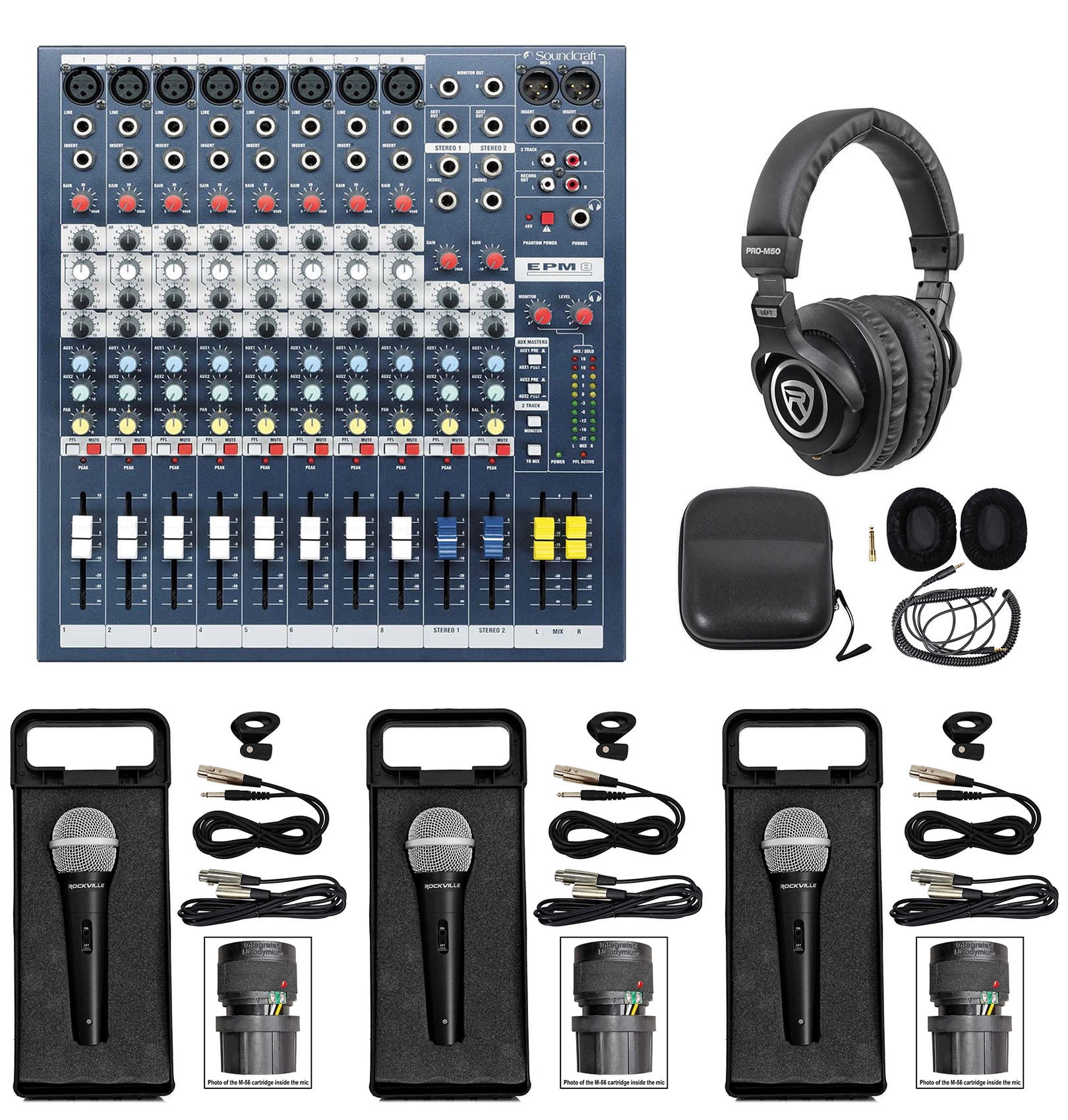 Soundcraft EPM8 8 Mono+2 Stereo Ch. 2 Bus Recording/Live Mixer+Mics+Headphones - Walmart.com