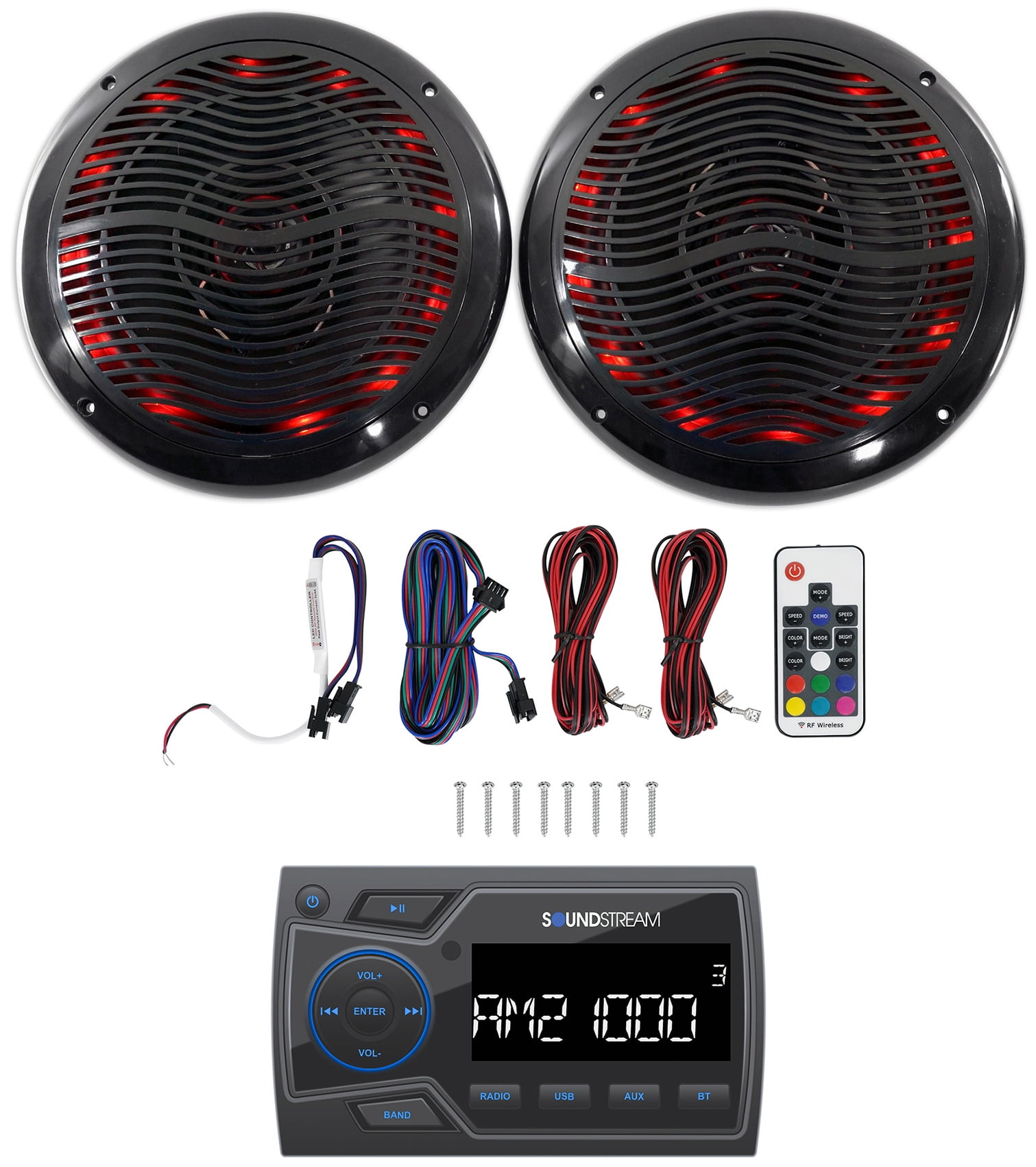 Soundstream MHU-32 Marine ATV/UTV Bluetooth Receiver+(2) Black 6.5" LED ...