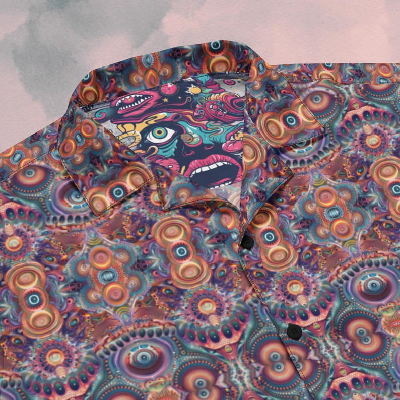 Soundwave Faces, Oversized Button Up, Trippy Hawaiian Shirt, All Seeing ...