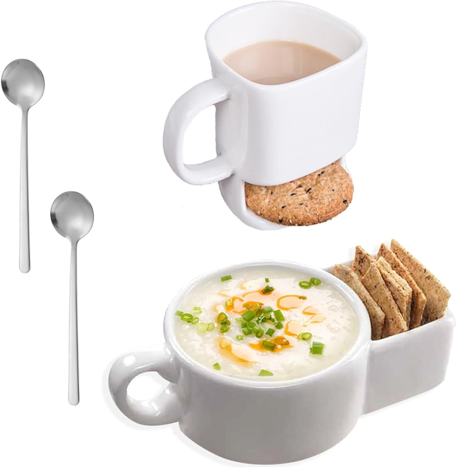 Soup and Cracker Combo Bowl,Divided Ceramic Cereal Bowl with Spoon ...