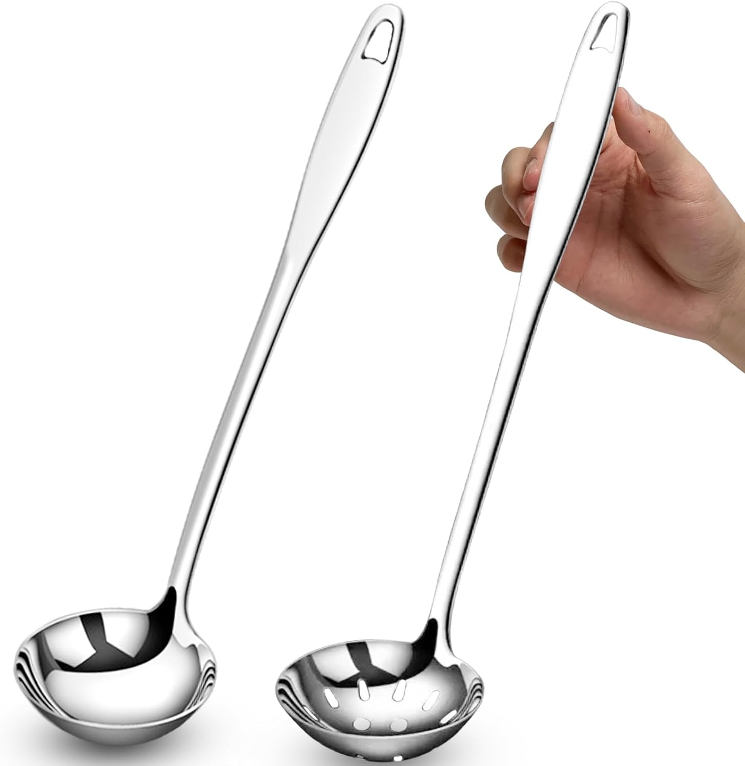 Soup Ladle Slotted Spoon Set, 304 Stainless Steel 12.2Inch Metal Ladle ...