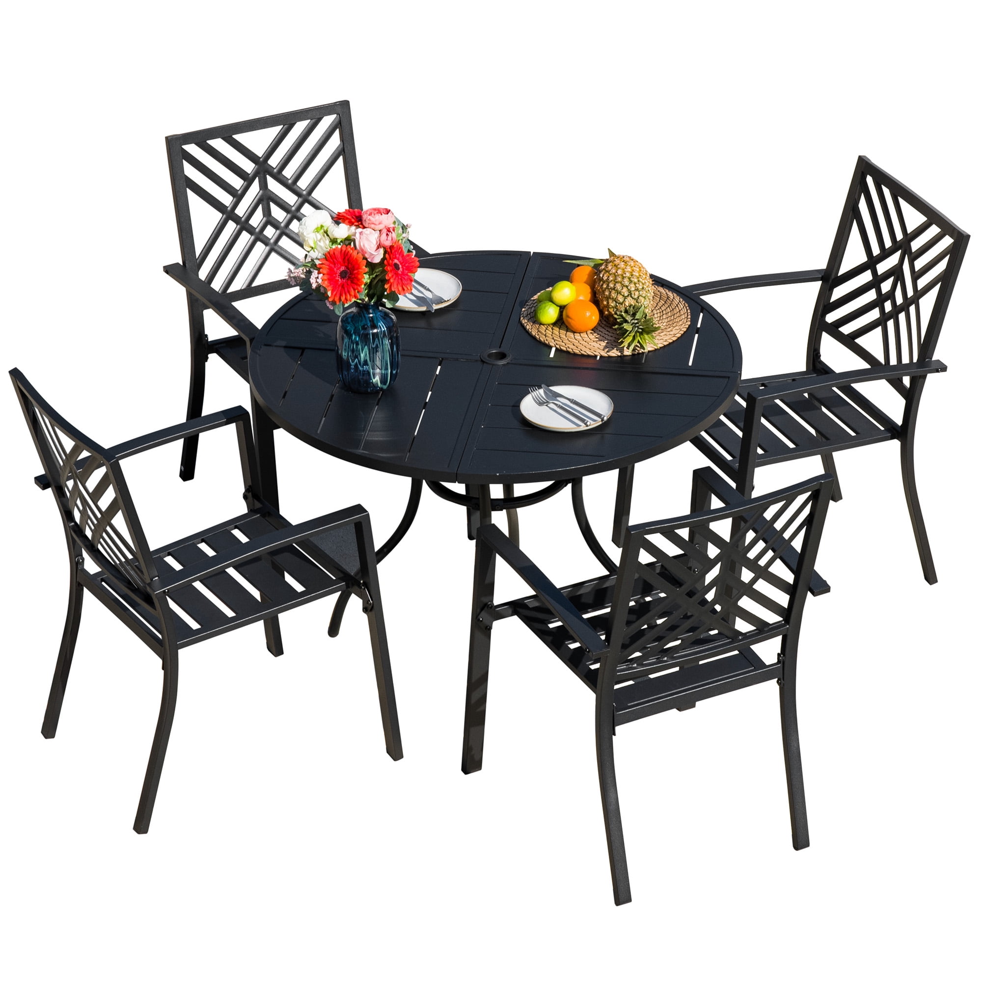 Sour Citrus 5-Piece Patio Dining Set Iron Round Table with Umbrella ...