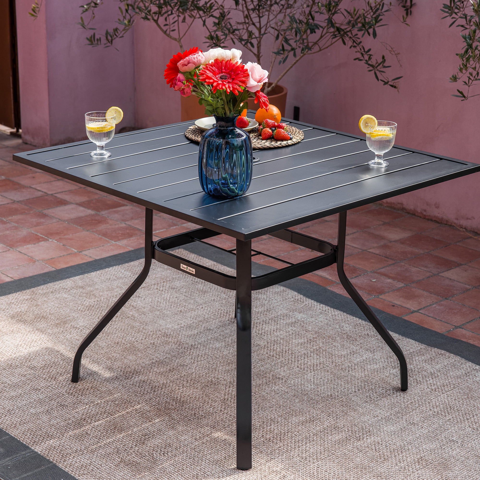 Sour Citrus Outdoor Patio Dining Table with Umbrella Hole Weather-Resistant Square Patio ...