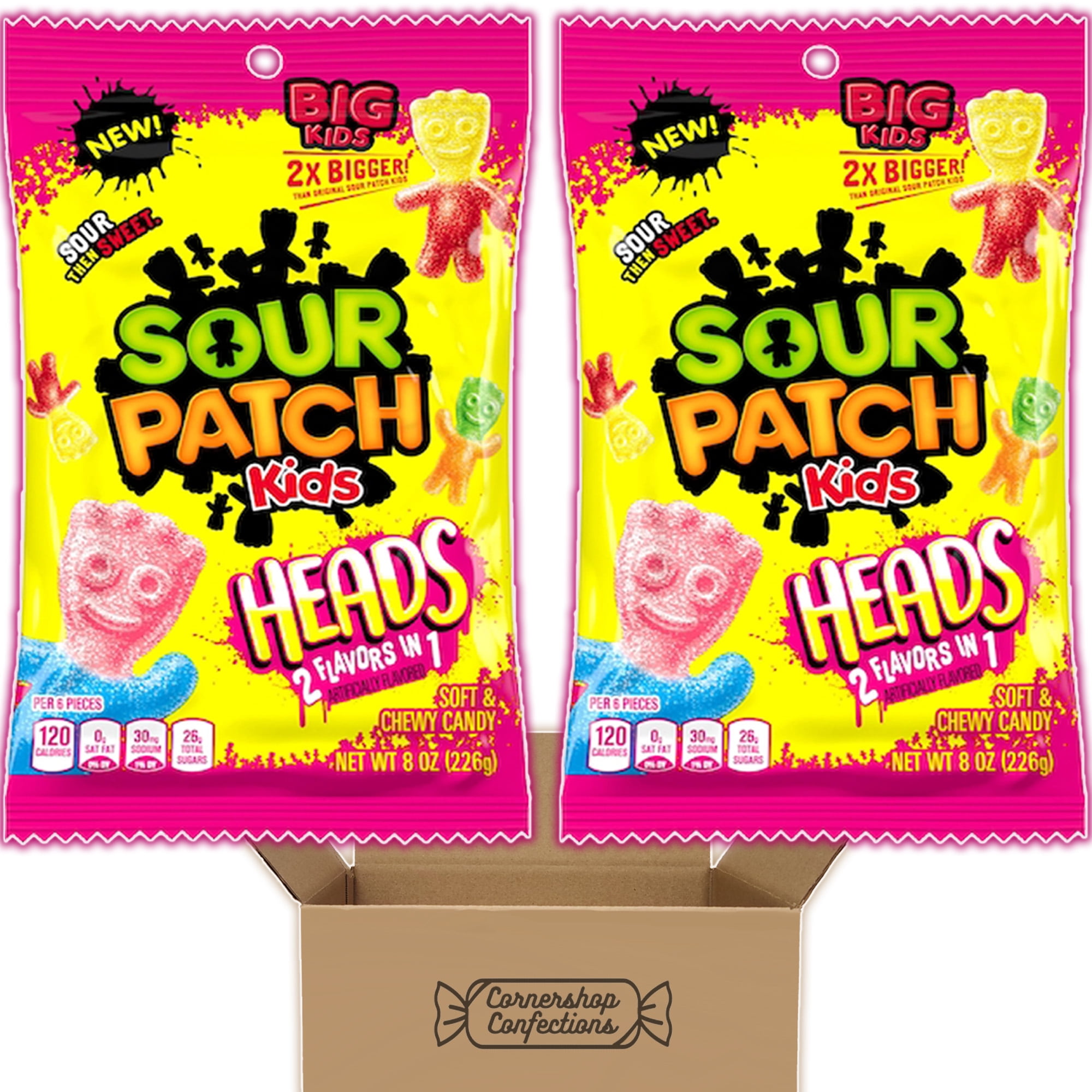 Sour Patch Kids Heads 2 Flavored Candy Bundle Pack - 2 Large Individually Sealed 8 oz Peg Bags ...