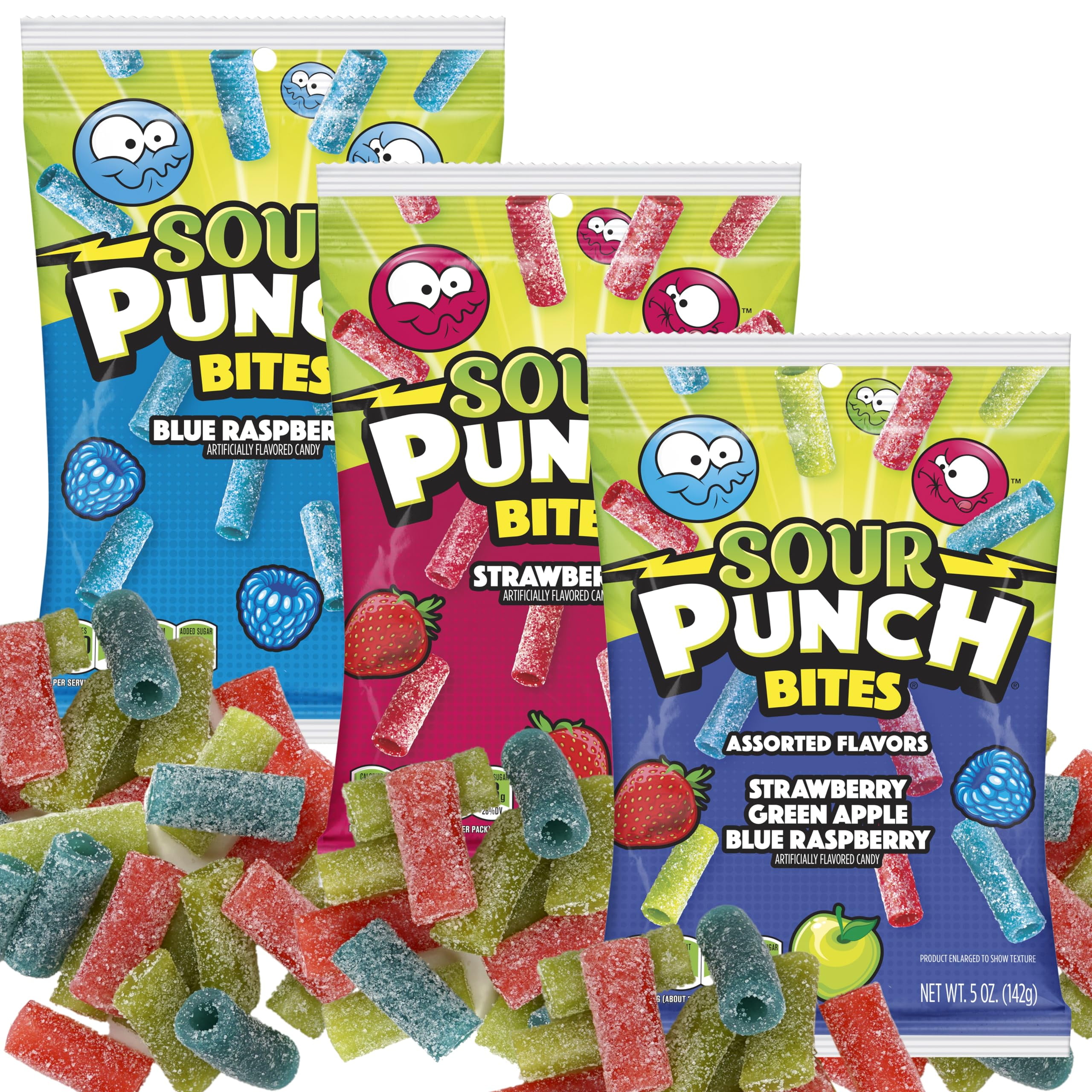 Sour Punch Bites, 5 BCF26 Ounce Bags (Pack of 3), Strawberry, Blue ...