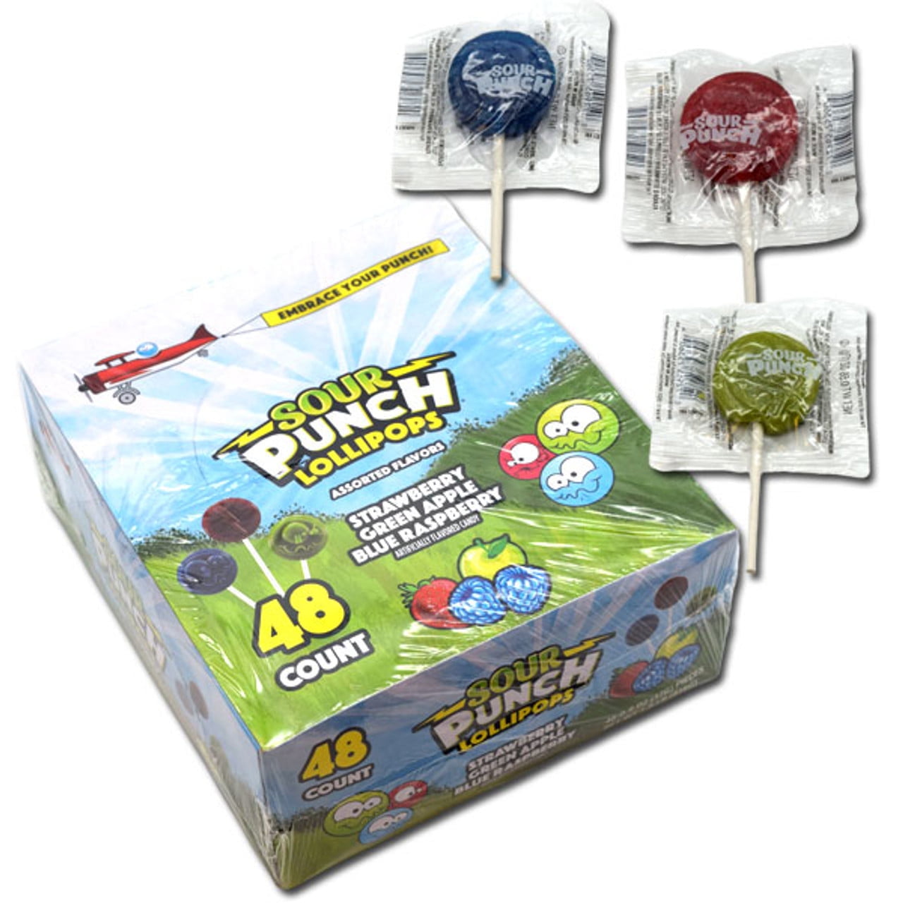 Sour Punch Candy Lollipops, 48 Count Box, Blue Raspberry, Green Apple ...