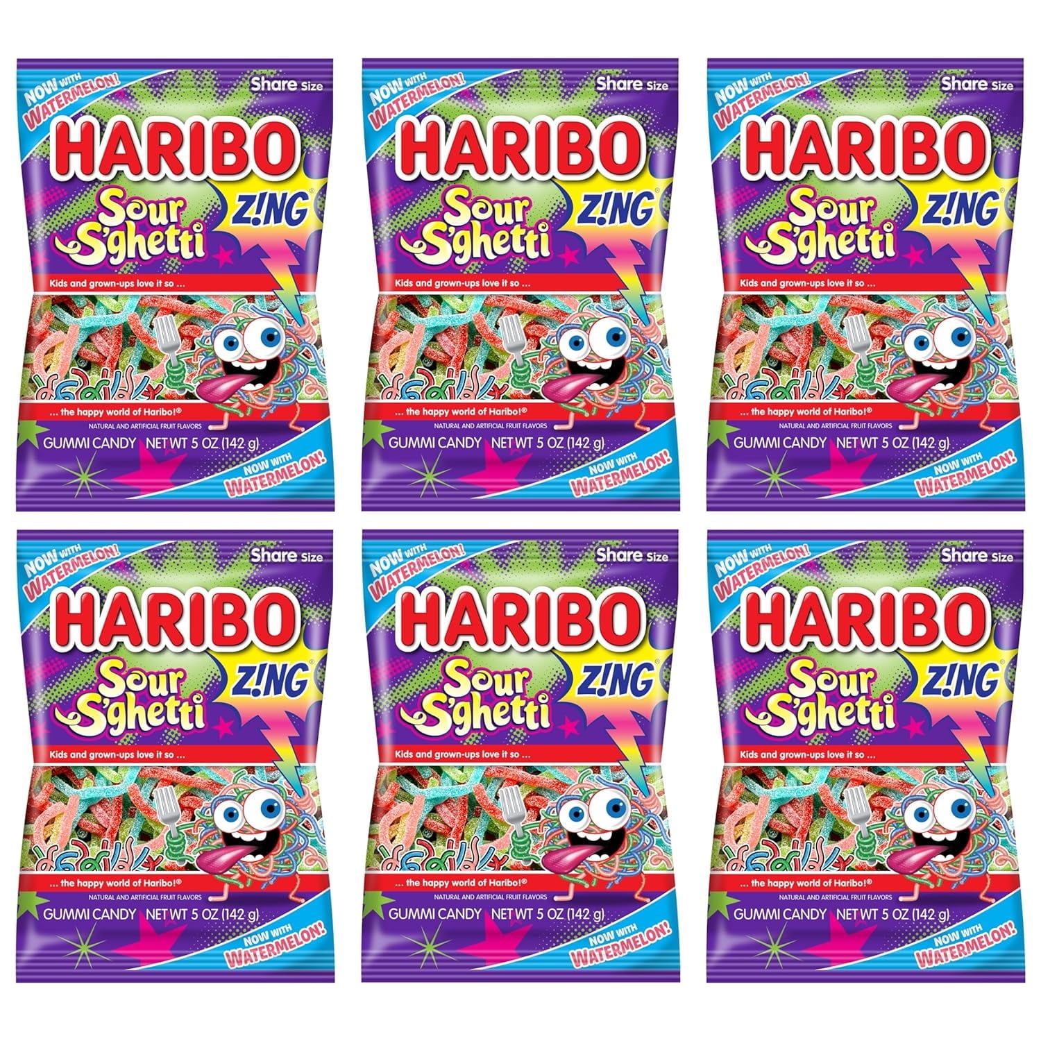 Sour S'ghetti Pack 6 (5oz Bags) Sweet and Strawberry, Blueberry ...