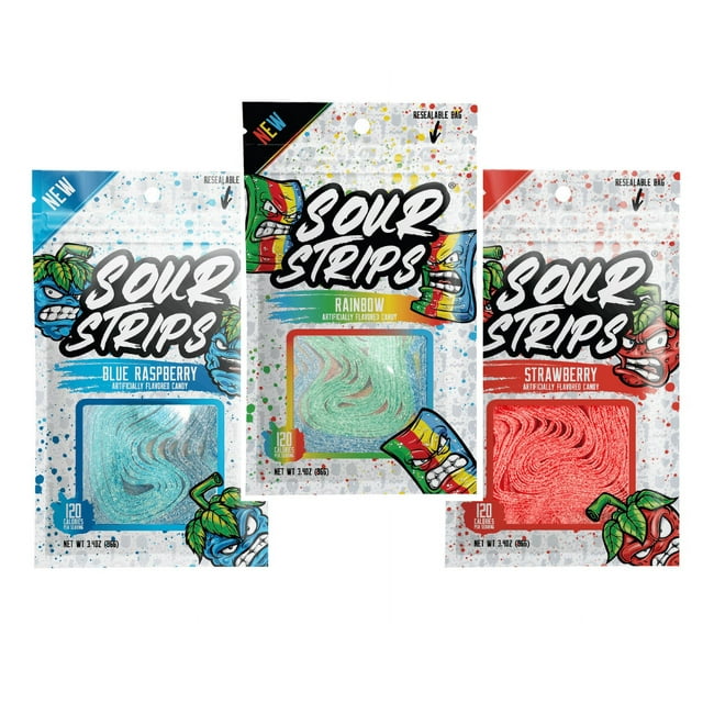 Sour Strips Variety Candy Pack - Strawberry, Blue Raspberry, Rainbow ...