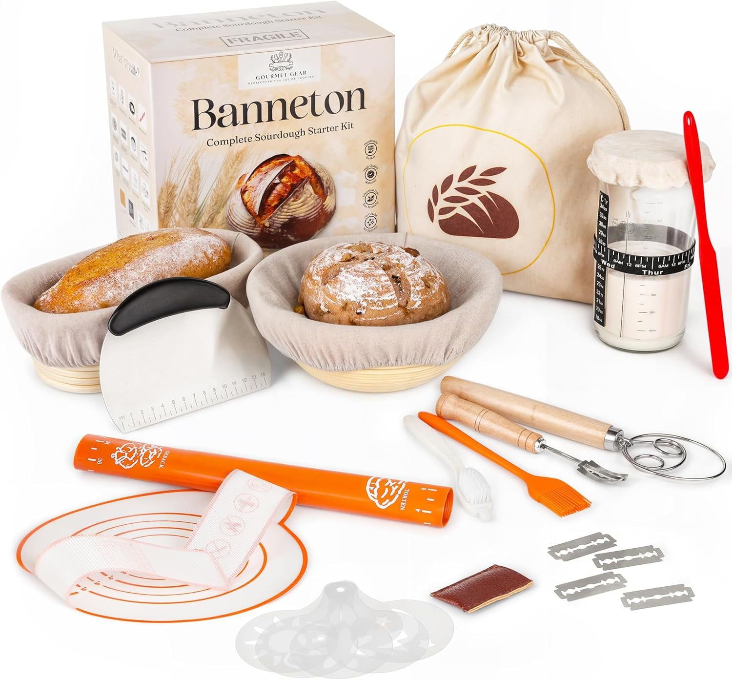 Sourdough Complete Starter Kit - Bread Making and Sourdough Starter Kit with Proofing Baskets ...