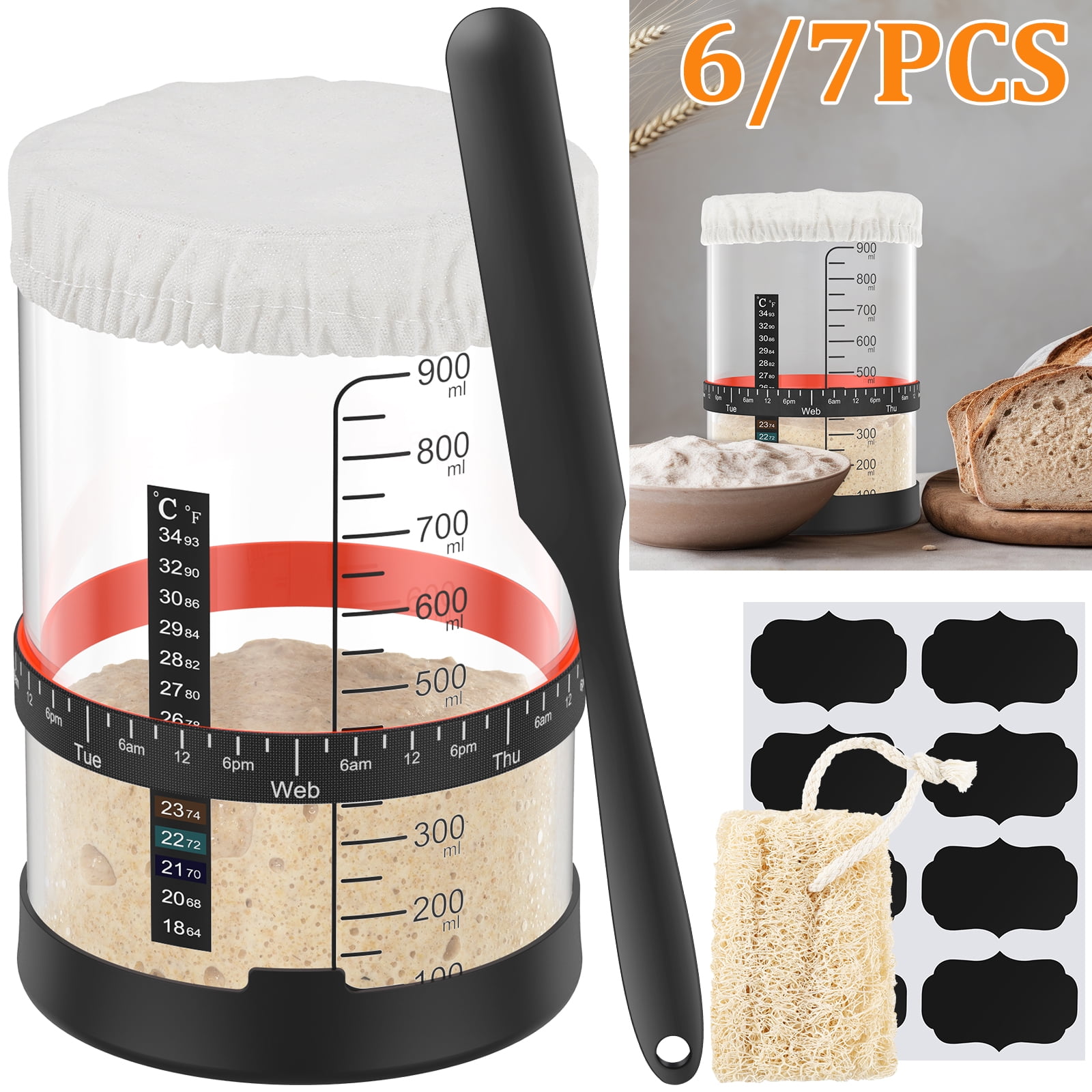 Sourdough Starter Jar Kit with Spatula–Extra Thermometer Strips and ...
