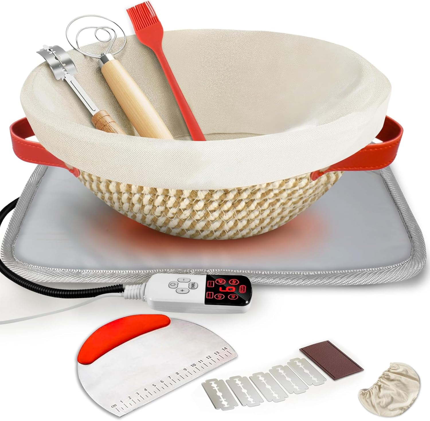 Sourdough Starter Kit Banneton Bread Proofing Basket Set w/Heating Mat ...