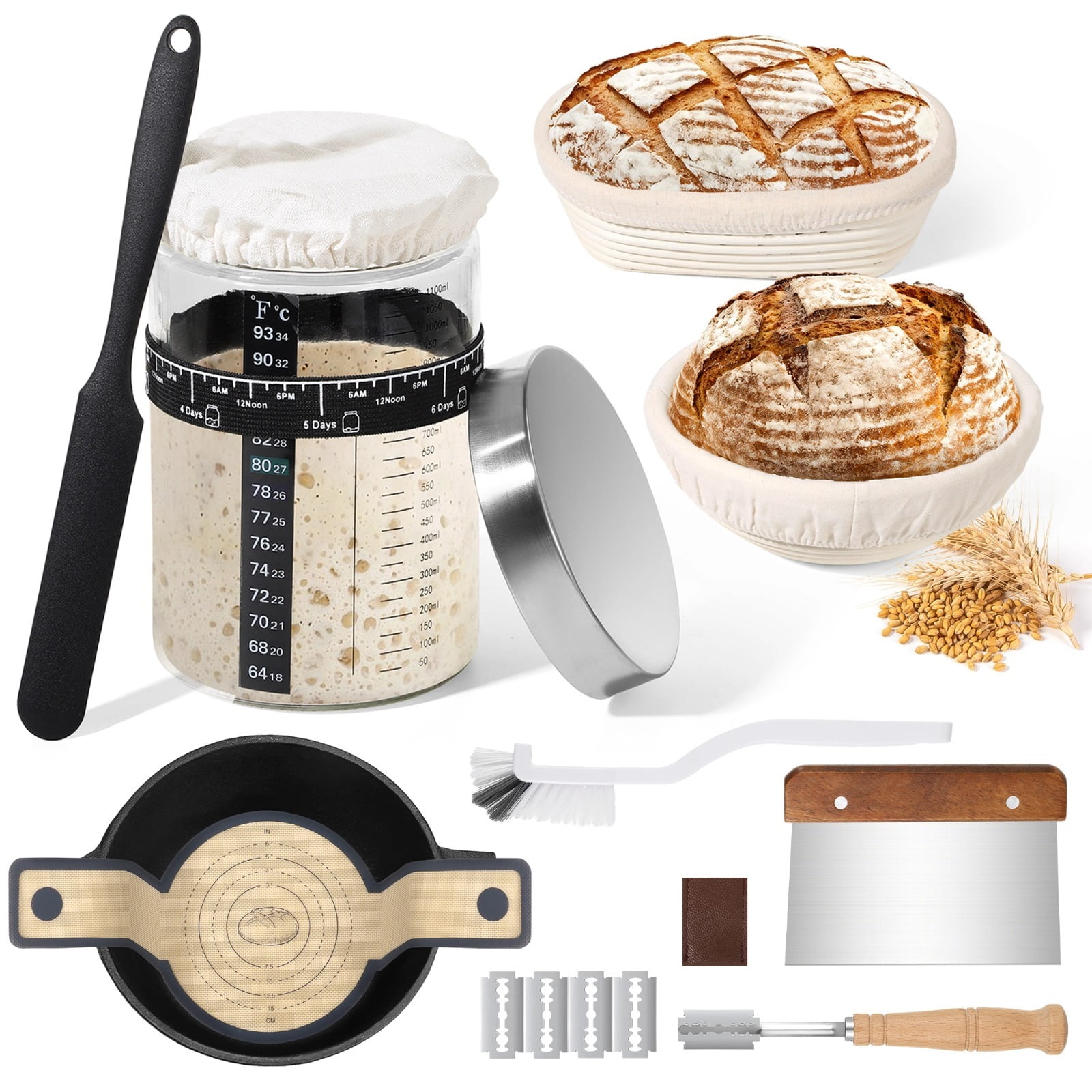 Sourdough Starter Kit, Bread Baking Supplies with 40oz Sourdough Jar, Bread Proofing Baskets ...