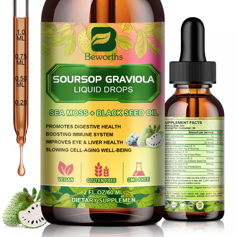 B Beworths Soursop Liquid Drops, 2 oz, Contains Irish Sea Moss, Black ...