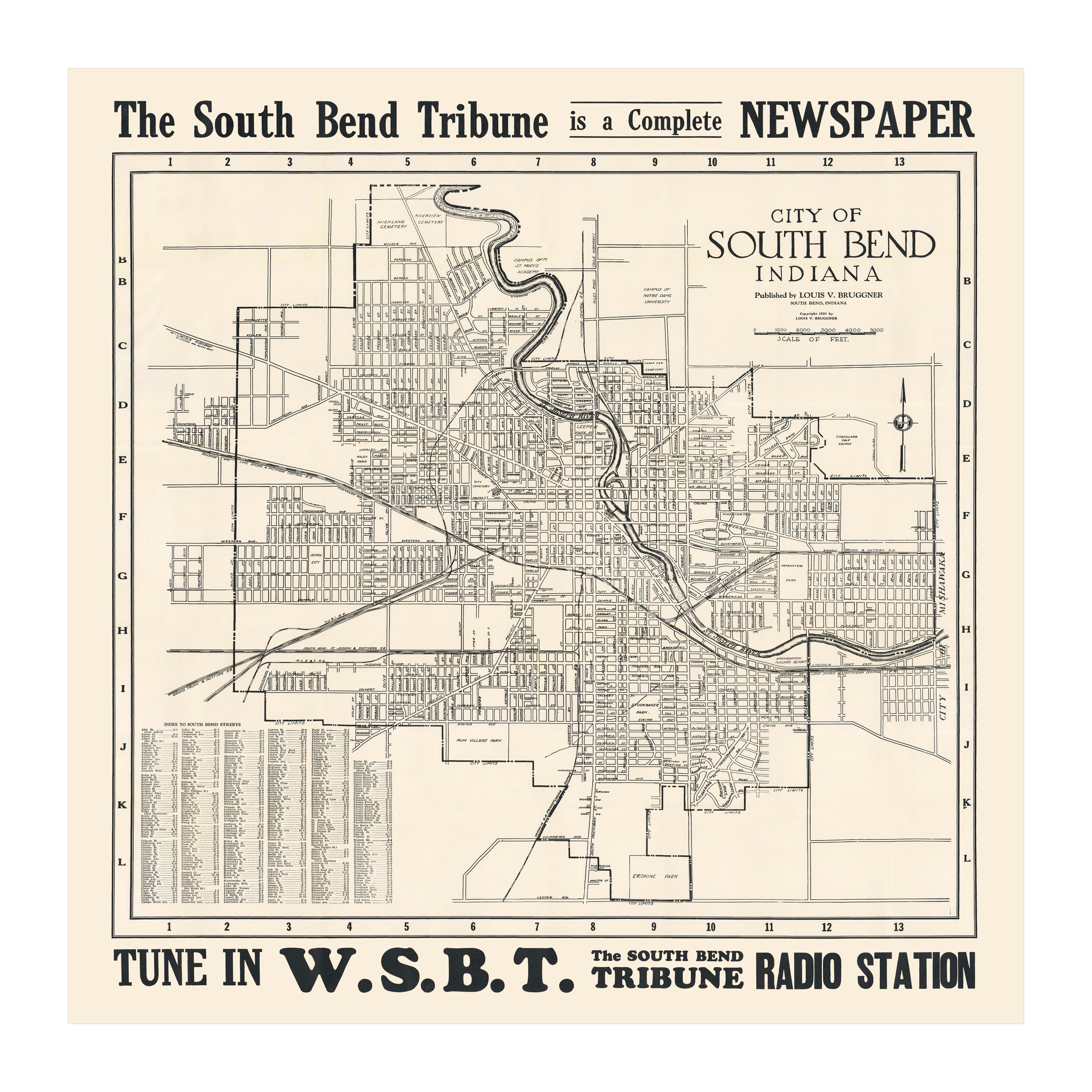 South Bend Art, 1931 Vintage Map of South Bend Indiana, IN History Wall ...