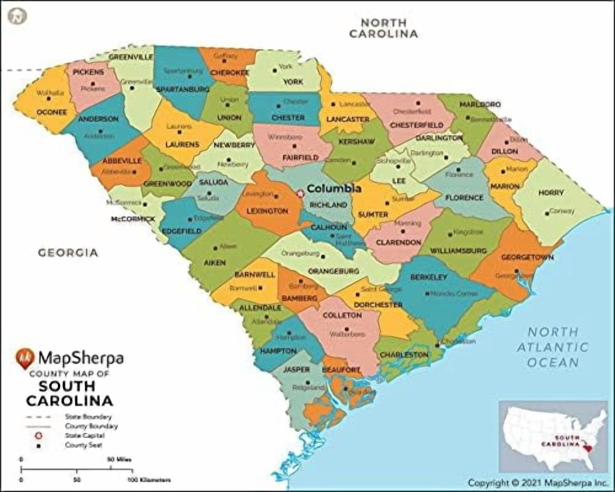 South Carolina Counties Map - Standard - 36" x 29" Art Quality Print ...